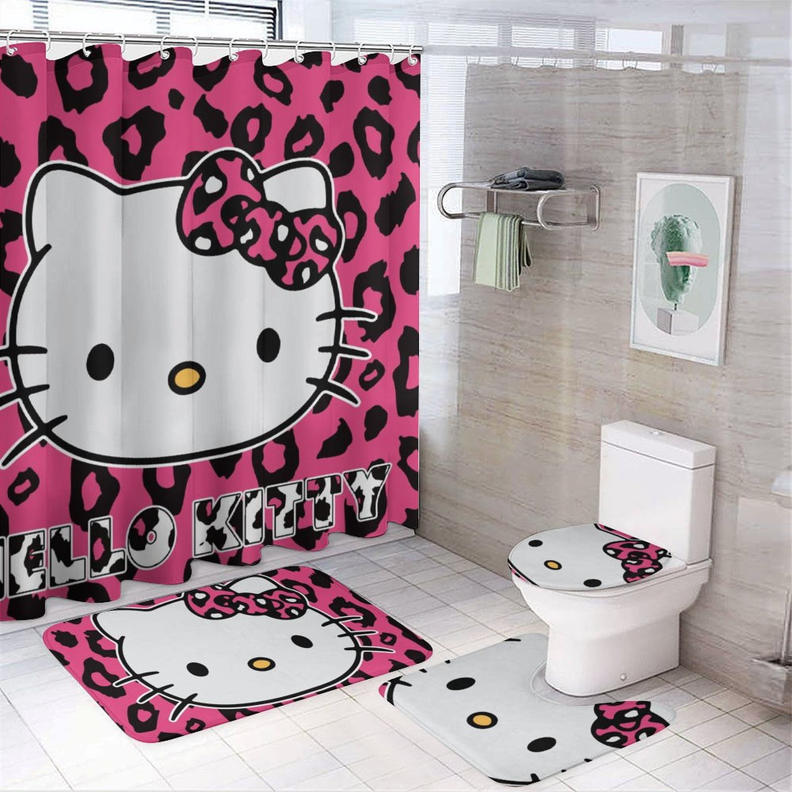 4 Pieces Hello Kitty Shower Curtain Set with Non Slip Rugs Toilet Lid ...