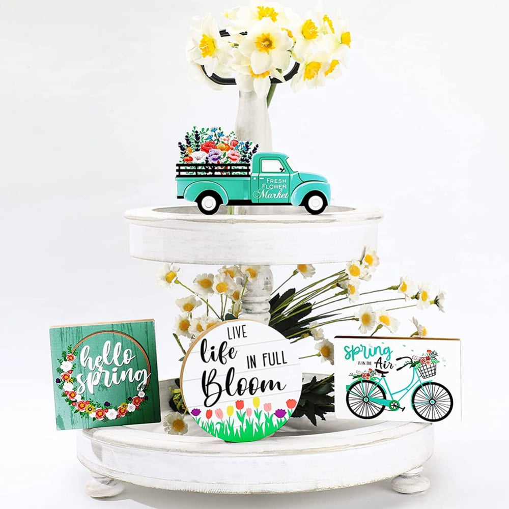 4 Pieces Hello Spring Happy Easter Tiered Tray Decorations Farmhouse ...