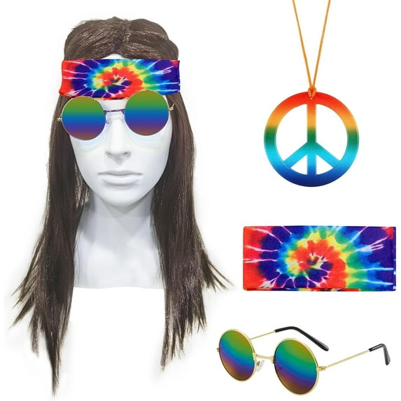 4 Pieces Hippie Wig Set, Hippie Costume Accessories, Brown Wig, Sunglasses, Peace Necklace, Tie ...