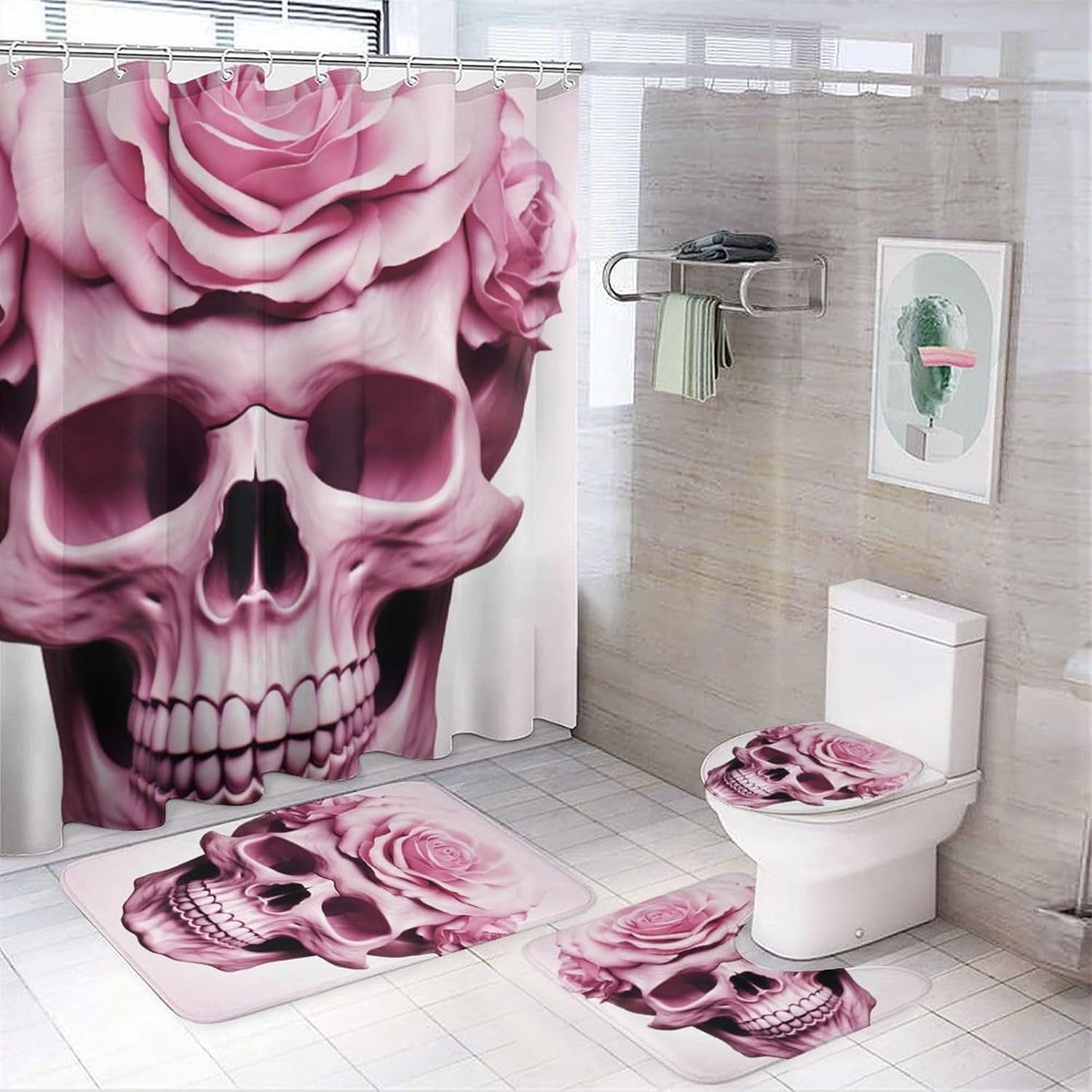 4 Pieces Horror Skeleton Shower Curtain Set Pink Flower Gothic Skull ...