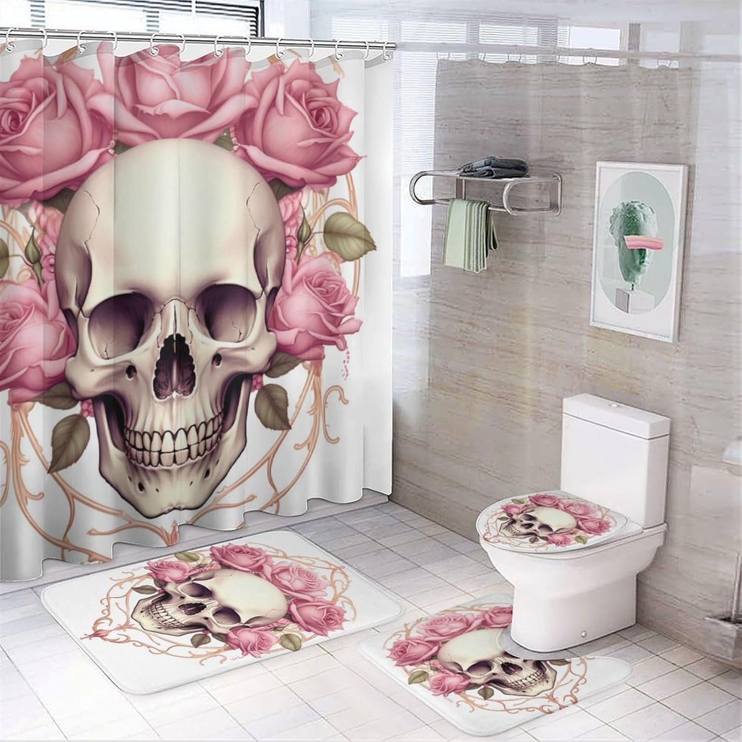4 Pieces Horror Skeleton Shower Curtain Set Pink Flower Gothic Skull ...