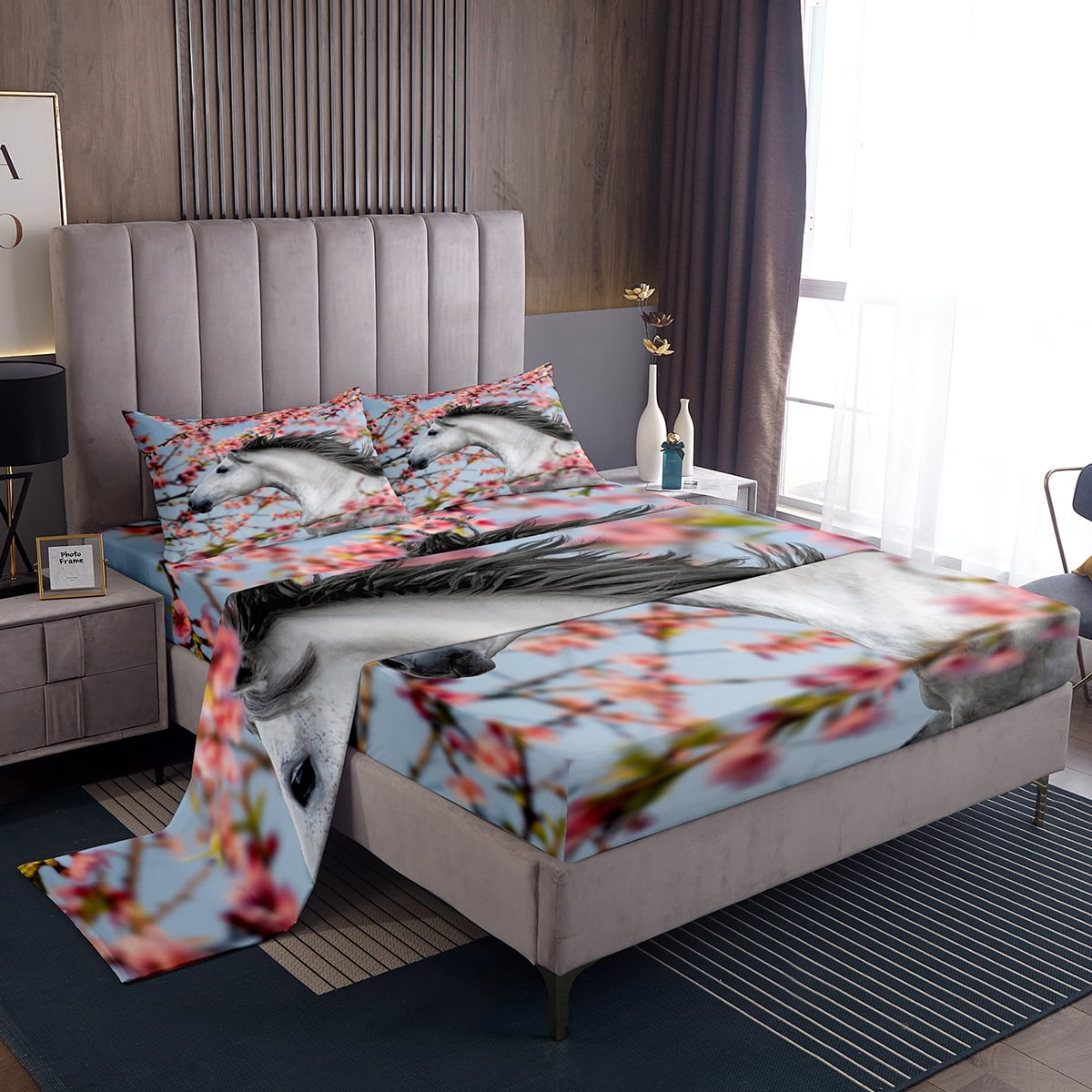 4 Pieces Horse Bed Sheets Set Lovers, Cherry Blossom Horse Sheet Set ...