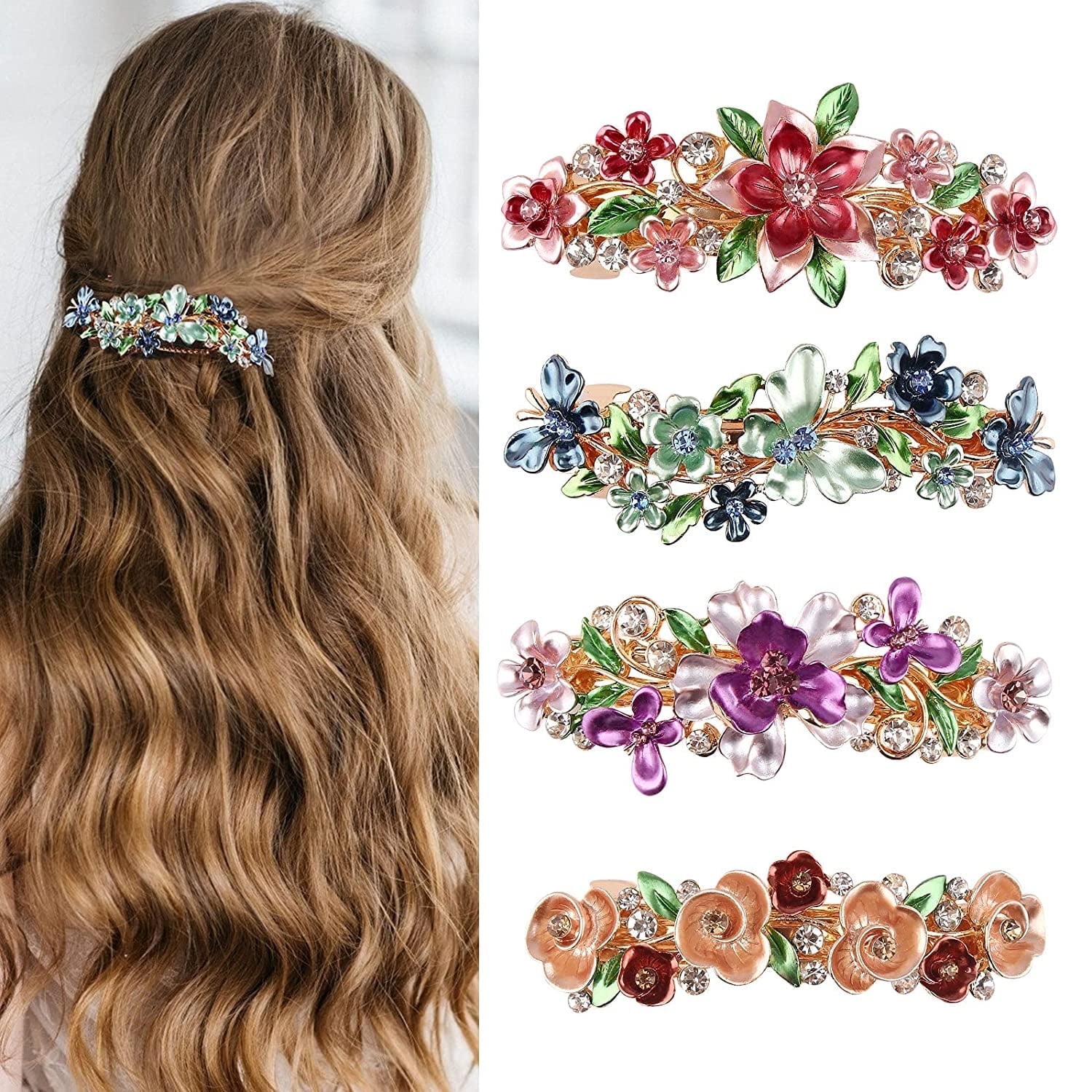 4 Pieces Large Vintage Flower Hair Barrettes for Women,Pink Flower ...