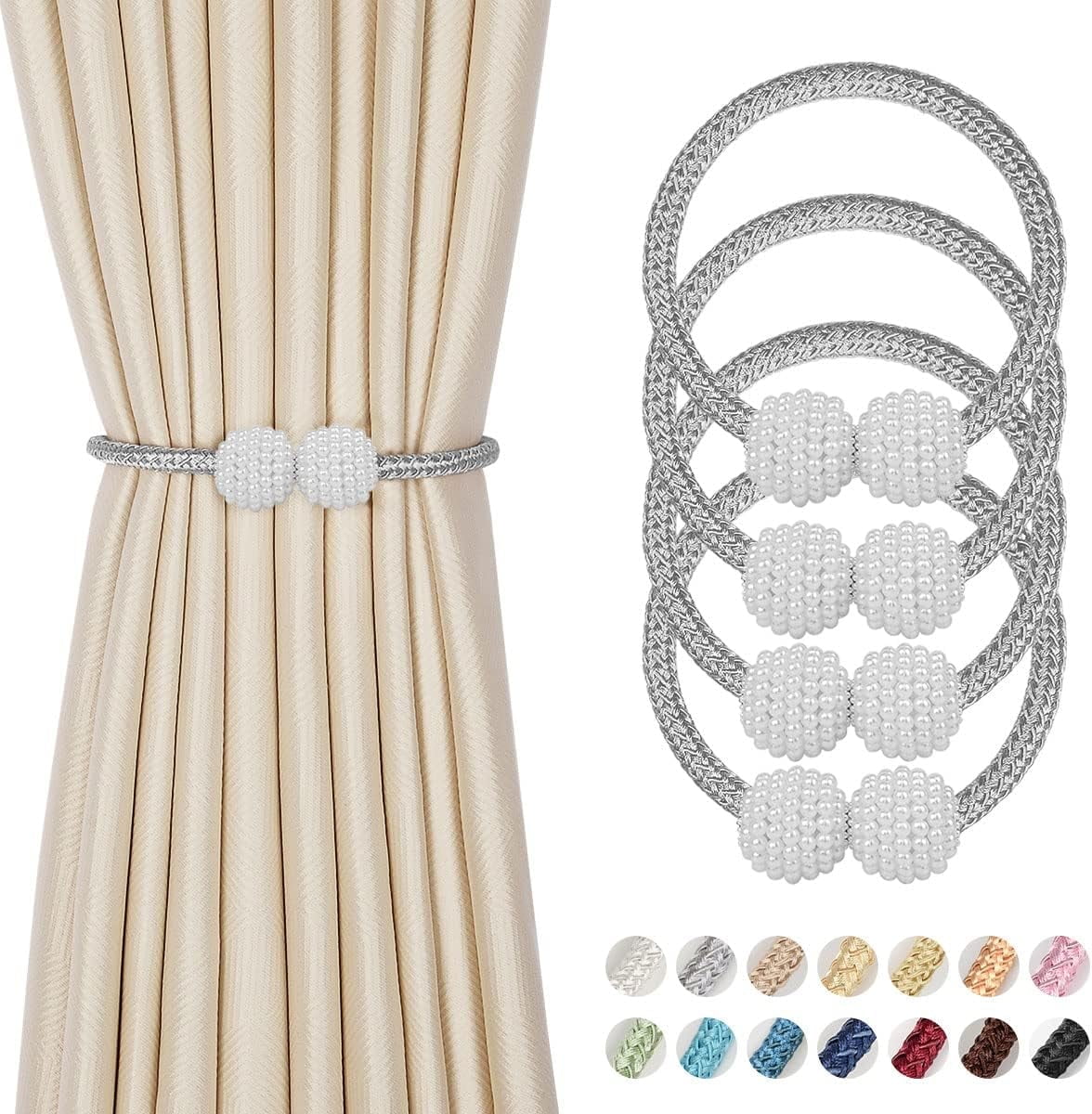 4 Pieces Magnetic Curtain Tie Backs - 19" Long Pearl Ball Curtain ...