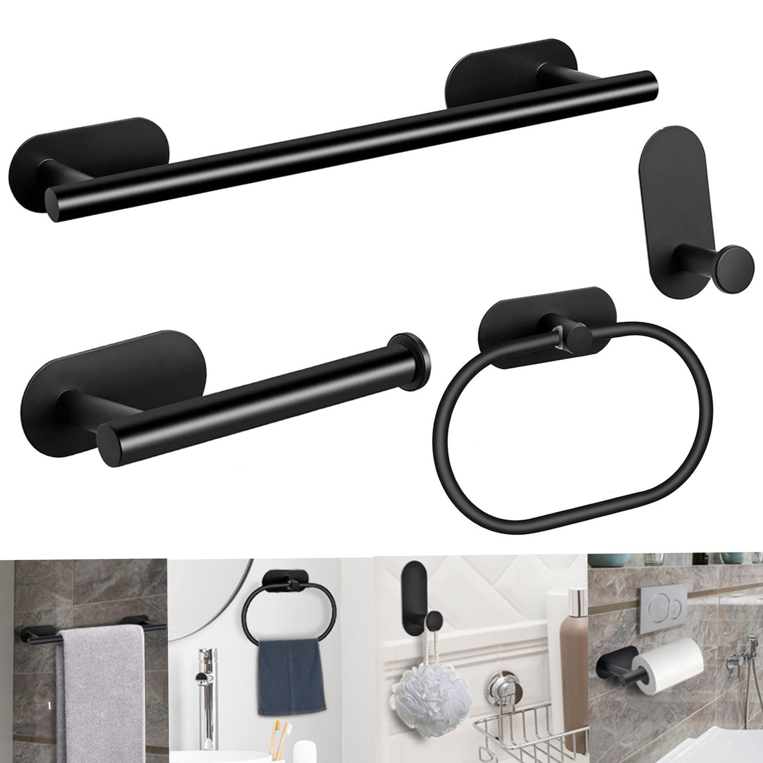 4-Pieces Matte Black Bathroom Hardware Set, Self-Adhesive Bathroom ...