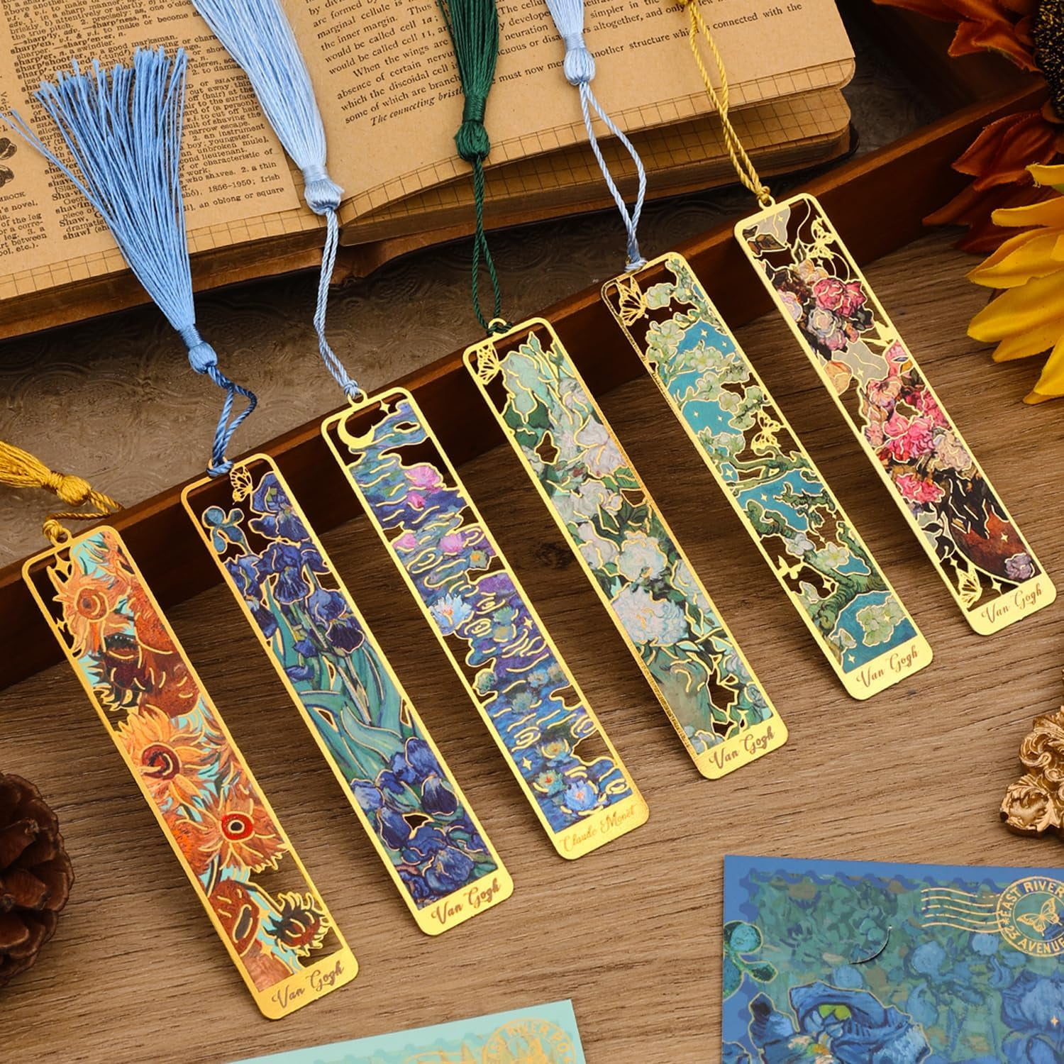 4 Pieces Metal Bookmarks with Tassel, Golden Hollow Bookmark Van Gogh ...