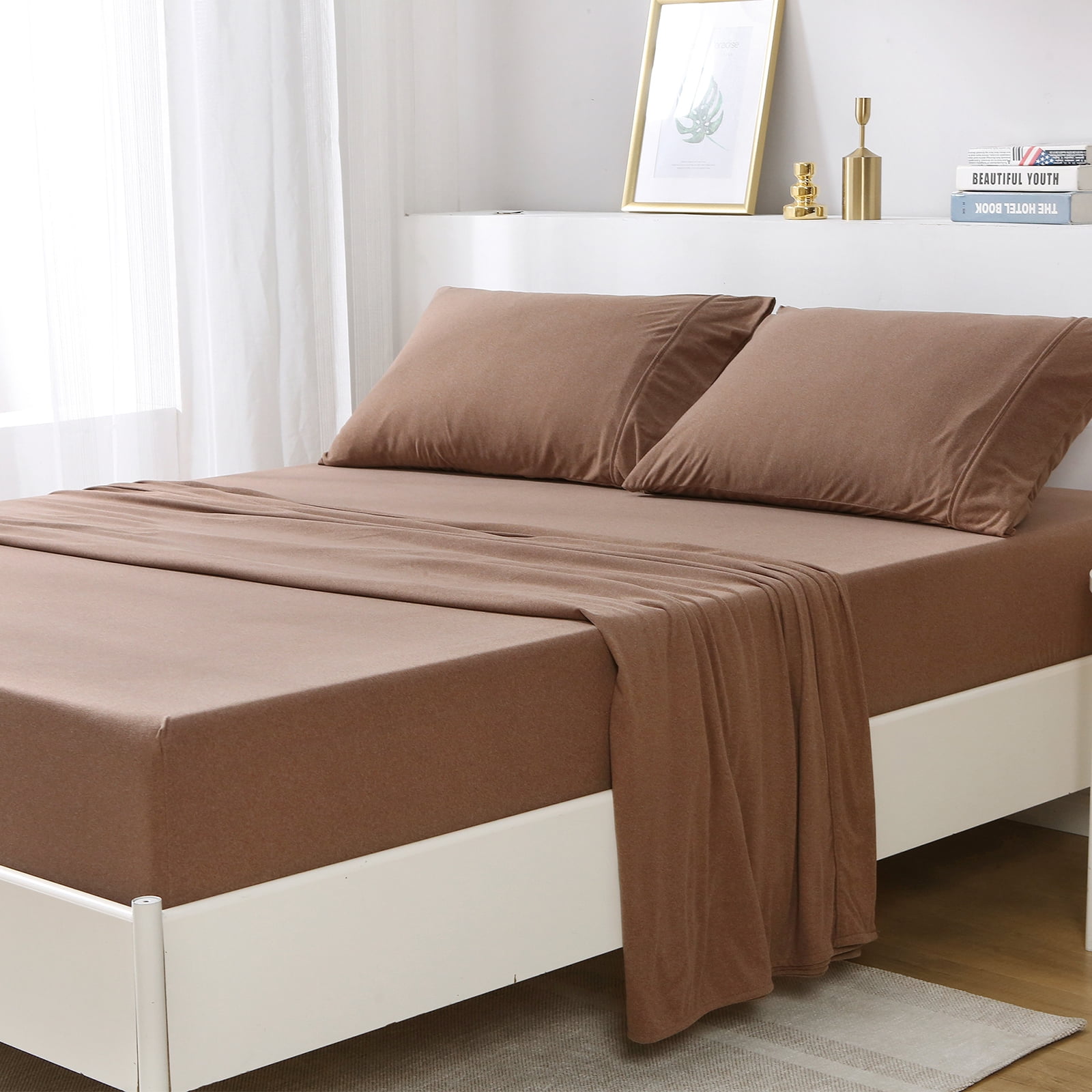4 Pieces Micro Fleece Sheet Set, Queen Size Light brown Color,Soft Cozy ...