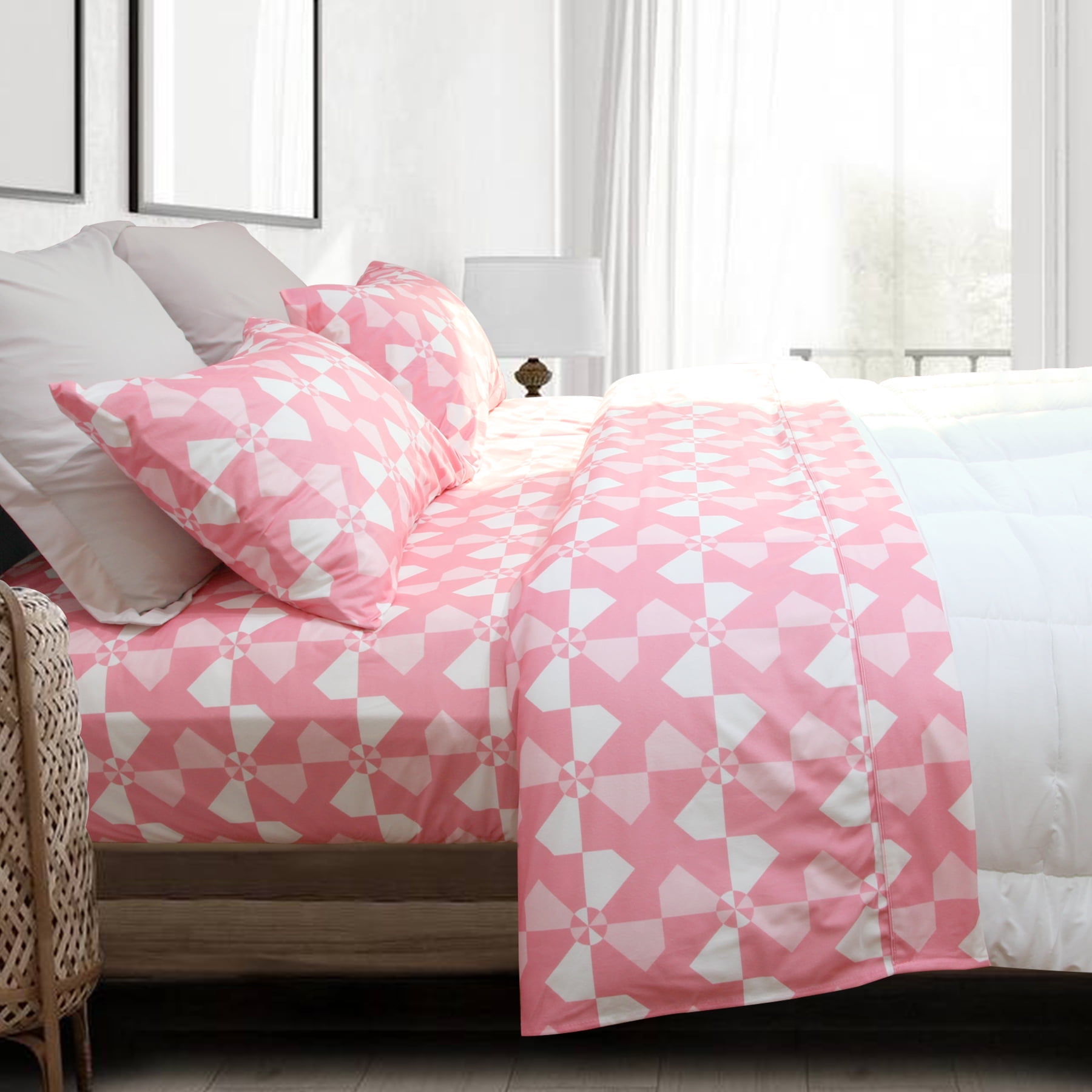 4 Pieces Microfiber Flannel Sheet Set Full Size, Pink Color Deep Pocket ...
