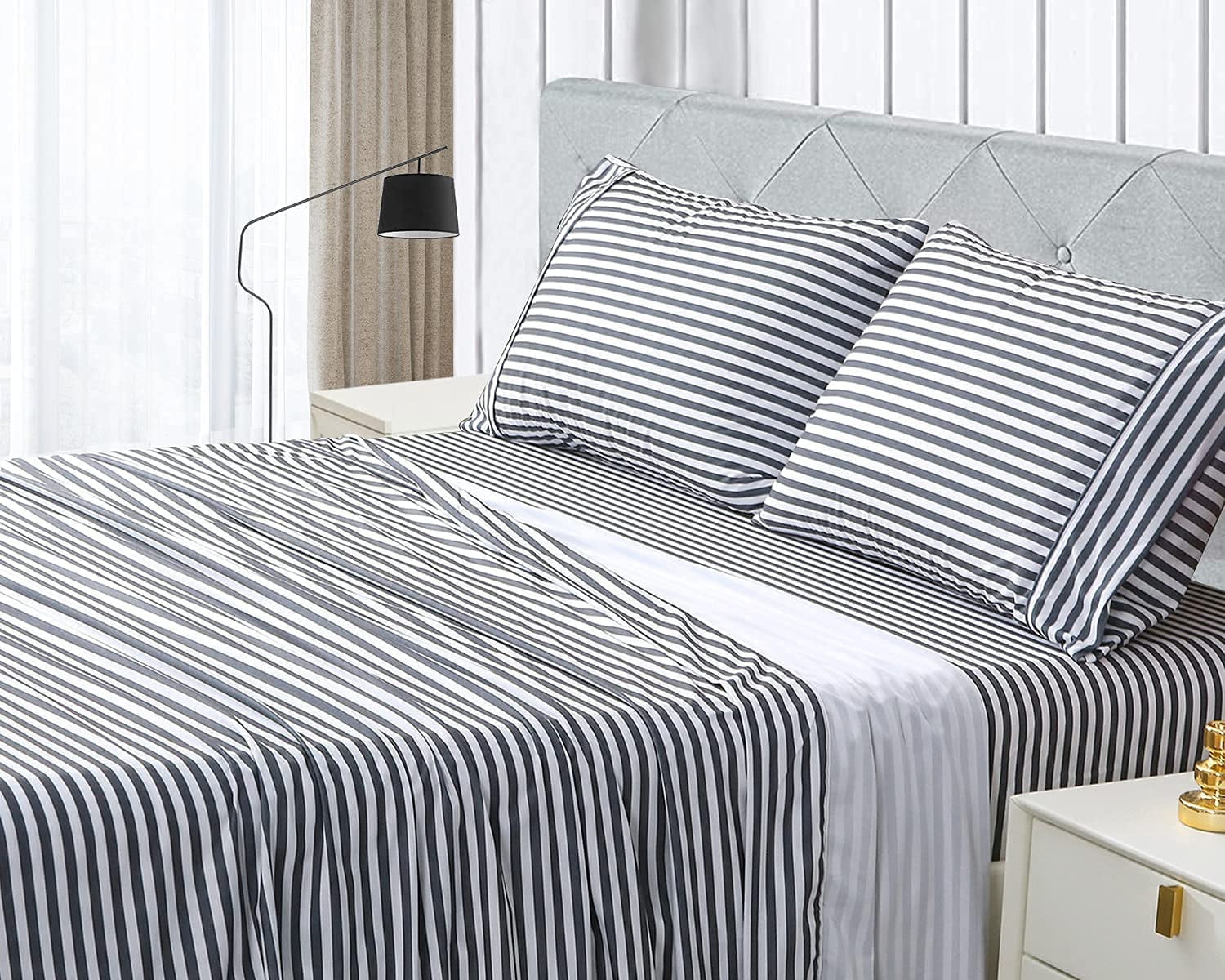 4 Pieces Microfiber Flannel Sheet Set, Queen Size Stripe Grey Color ...