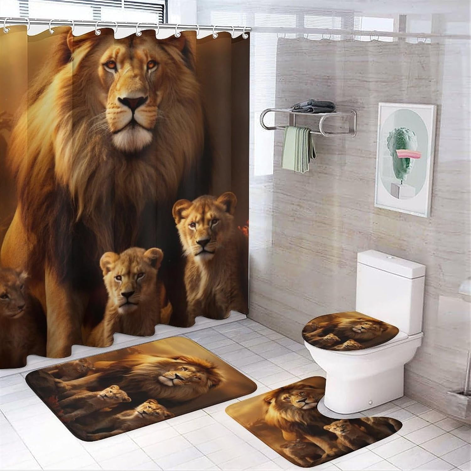 4 Pieces Modern Lion Family Shower Curtain Set Nature Wild Animals ...