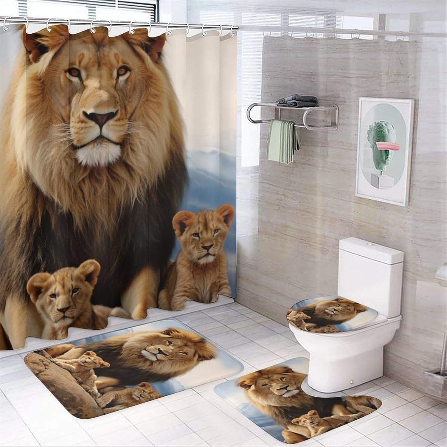 4 Pieces Modern Lion Family Shower Curtain Set Nature Wild Animals ...