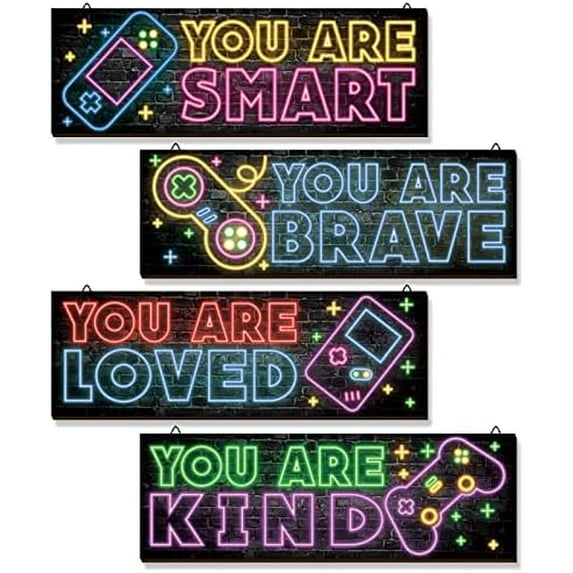 4 Pieces Neon Gaming Decor for Boys Room Wooden Video Game Wall Art ...