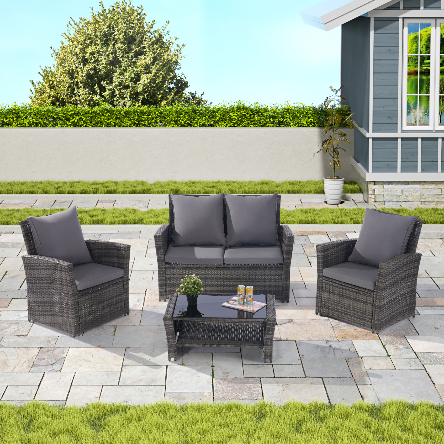 4 Pieces Outdoor PE Wicker Furniture Set, Rattan Sectional Conversation ...