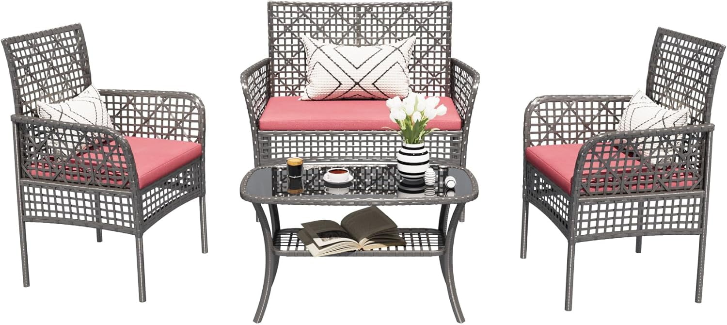 4 Pieces Outdoor Patio Furniture Set,PE Rattan Wicker Garden ...