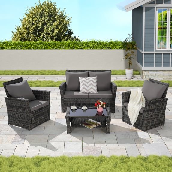 4 Pieces Outdoor Patio Furniture Sets Garden Rattan Chair Wicker Set ...