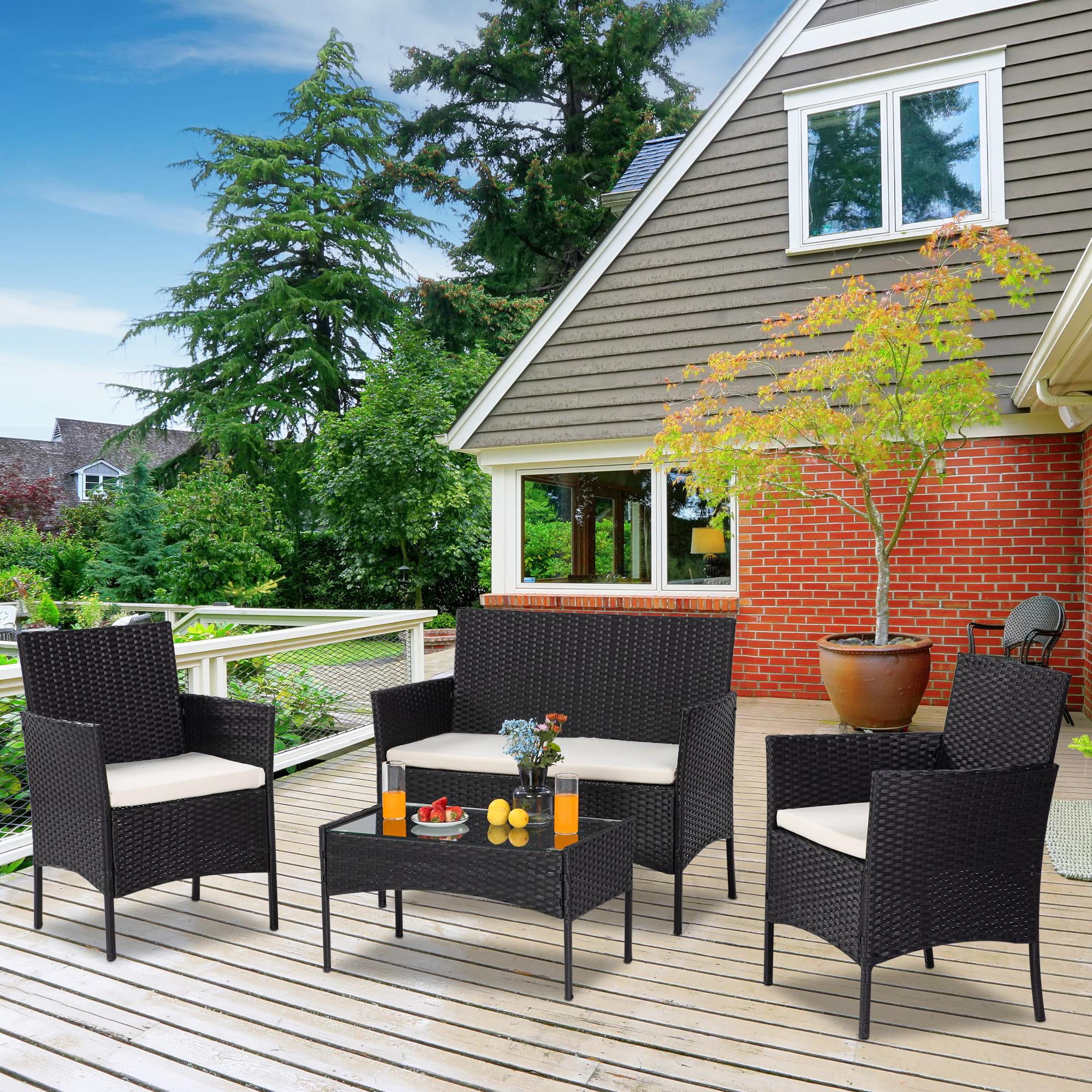 4-Piece Outdoor Wicker Set, All-Weather Rattan Patio Furniture, Arm ...