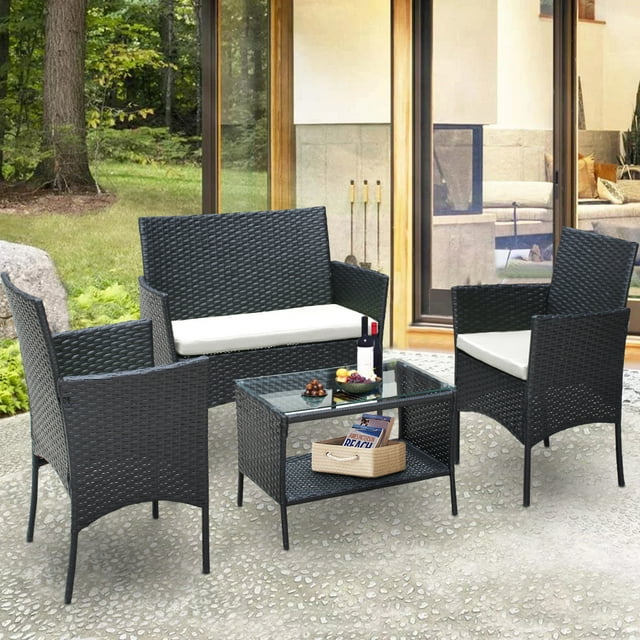 4-Piece Outdoor Wicker Set, All-Weather Rattan Patio Furniture, Arm ...