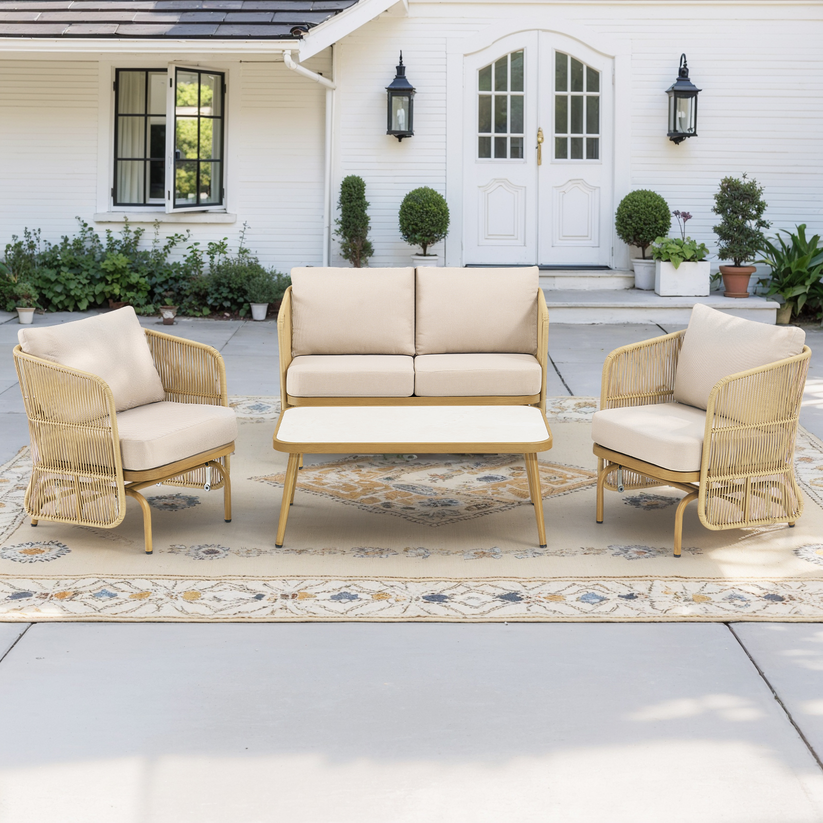 4 Pieces Outdoor Wicker Patio Conversation Sets with Glider Loveseat, 2 ...