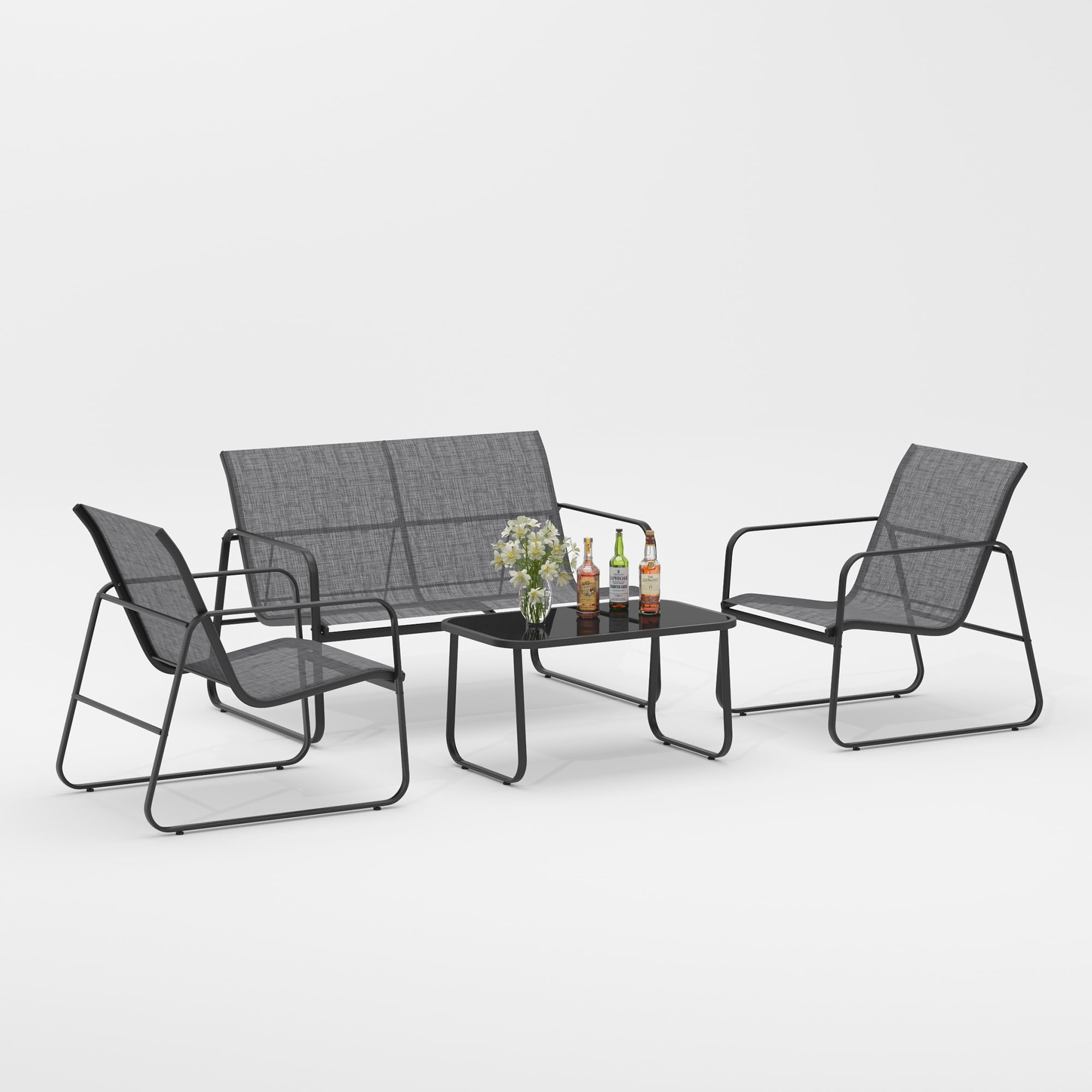 4 Pieces Patio Furniture Outdoor Textilene Conversation Set with Glass ...