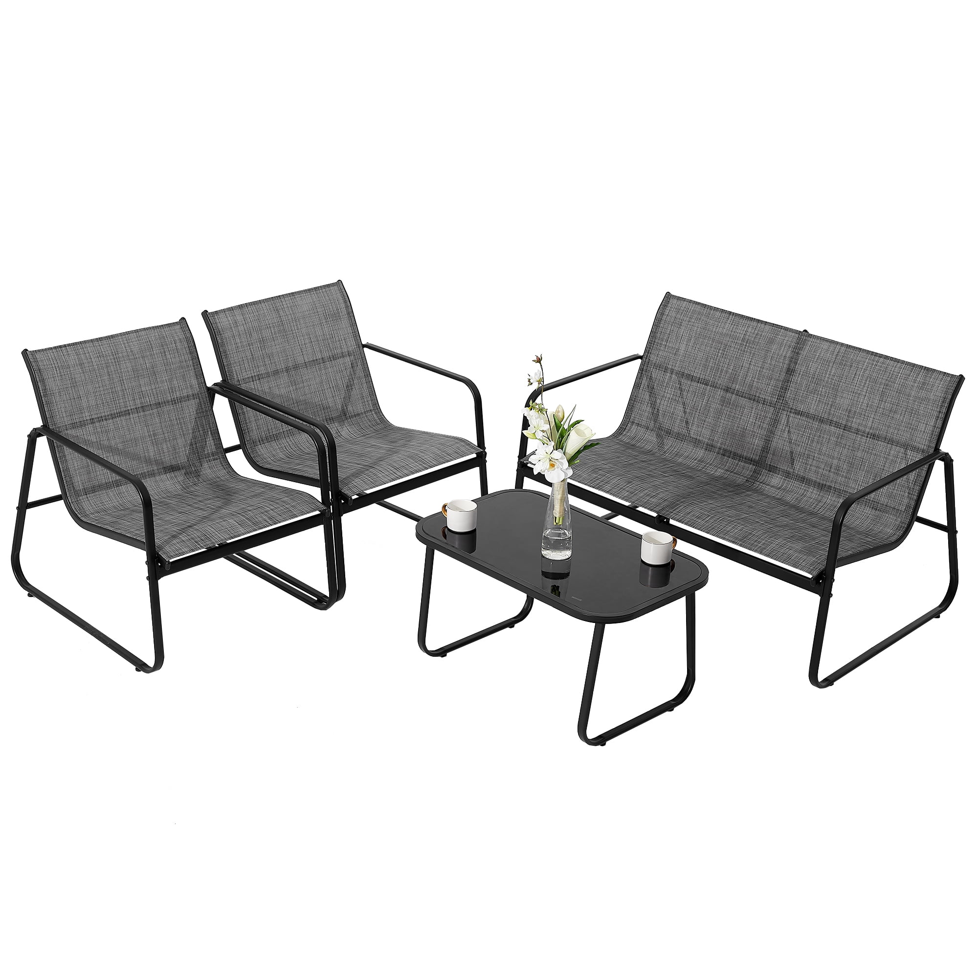 4 Pieces Patio Furniture Outdoor Textilene Conversation Set with Glass ...