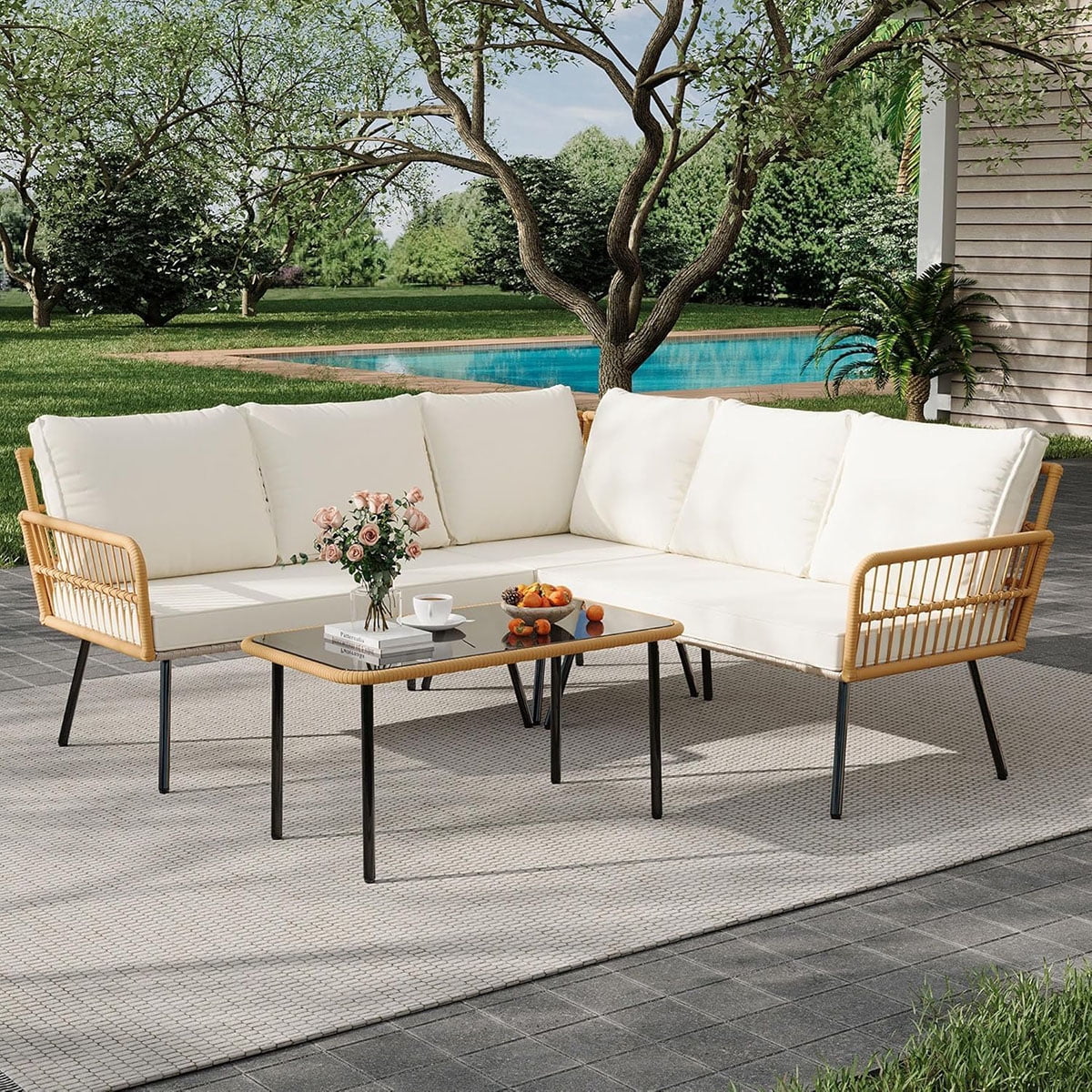 4 Pieces Patio Furniture Set, All-Weather Rattan Outdoor Conversation ...