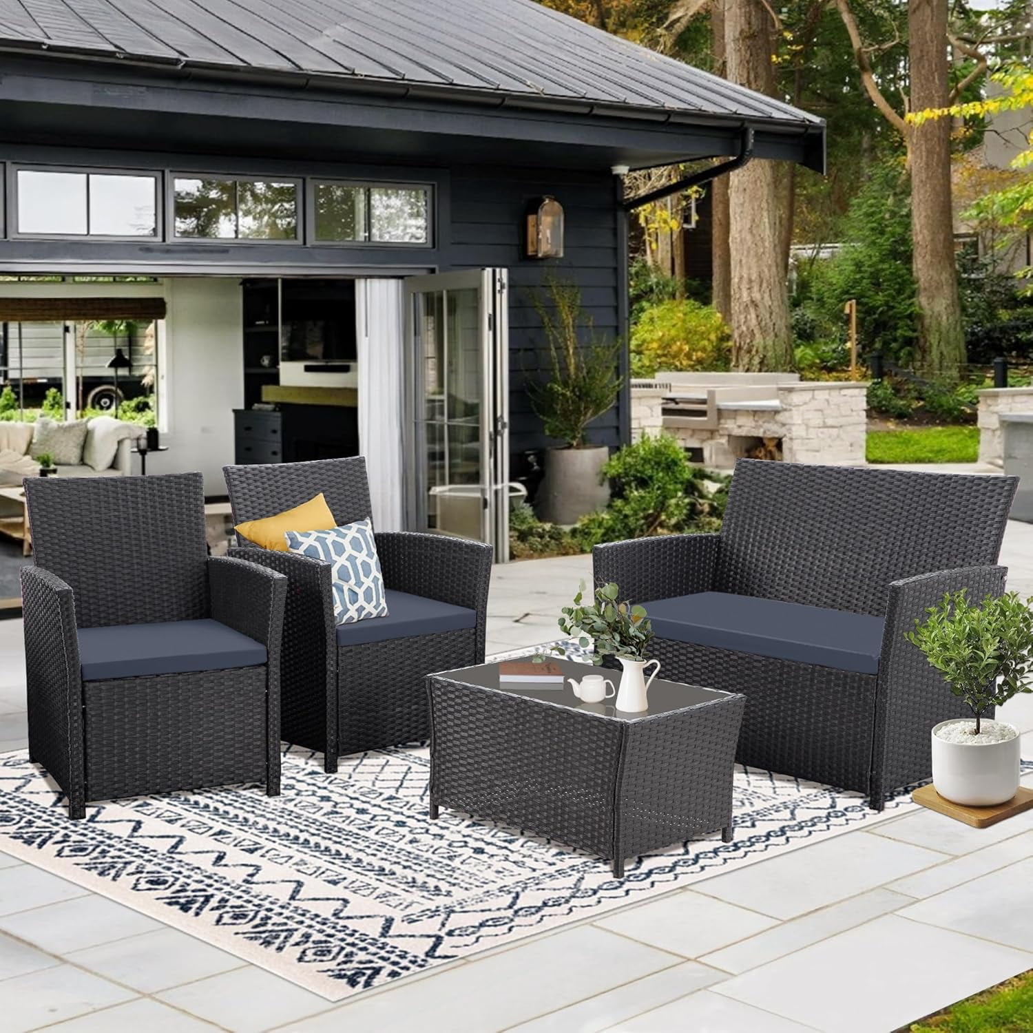 4 Pieces Patio Furniture Set, Indoor/Outdoor Rattan Sectional Sofa ...