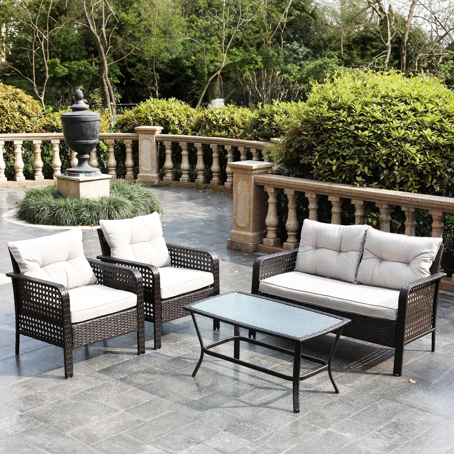 RoyalCraft 4-Piece Outdoor Rattan Patio Furniture Set with Cushions and ...