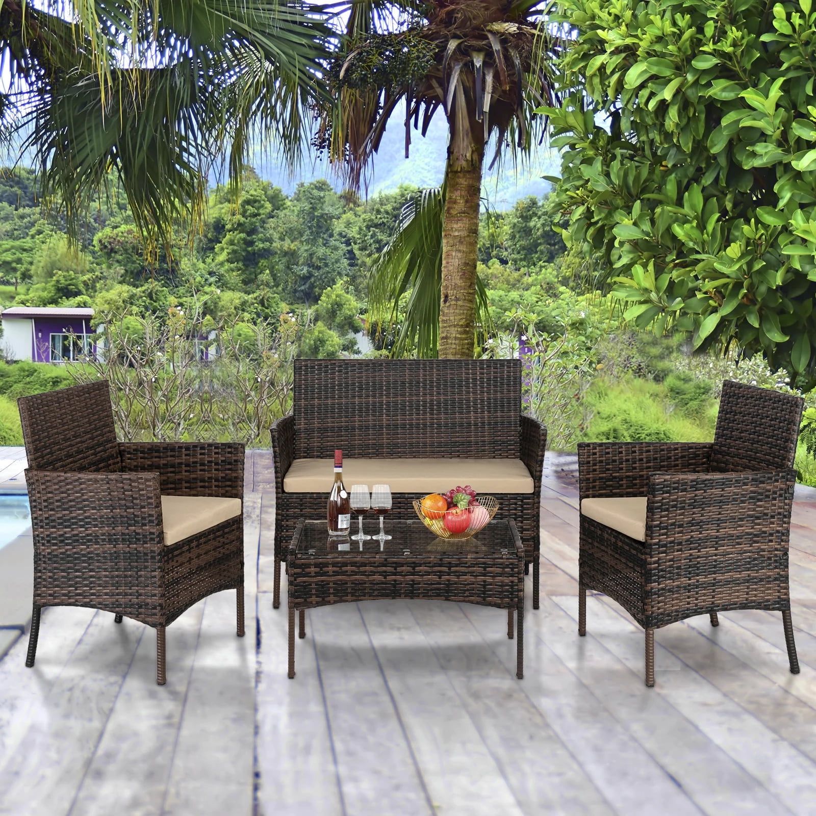 4 Pieces Patio Furniture Set Wicker Outdoor Conversation Set, Front ...