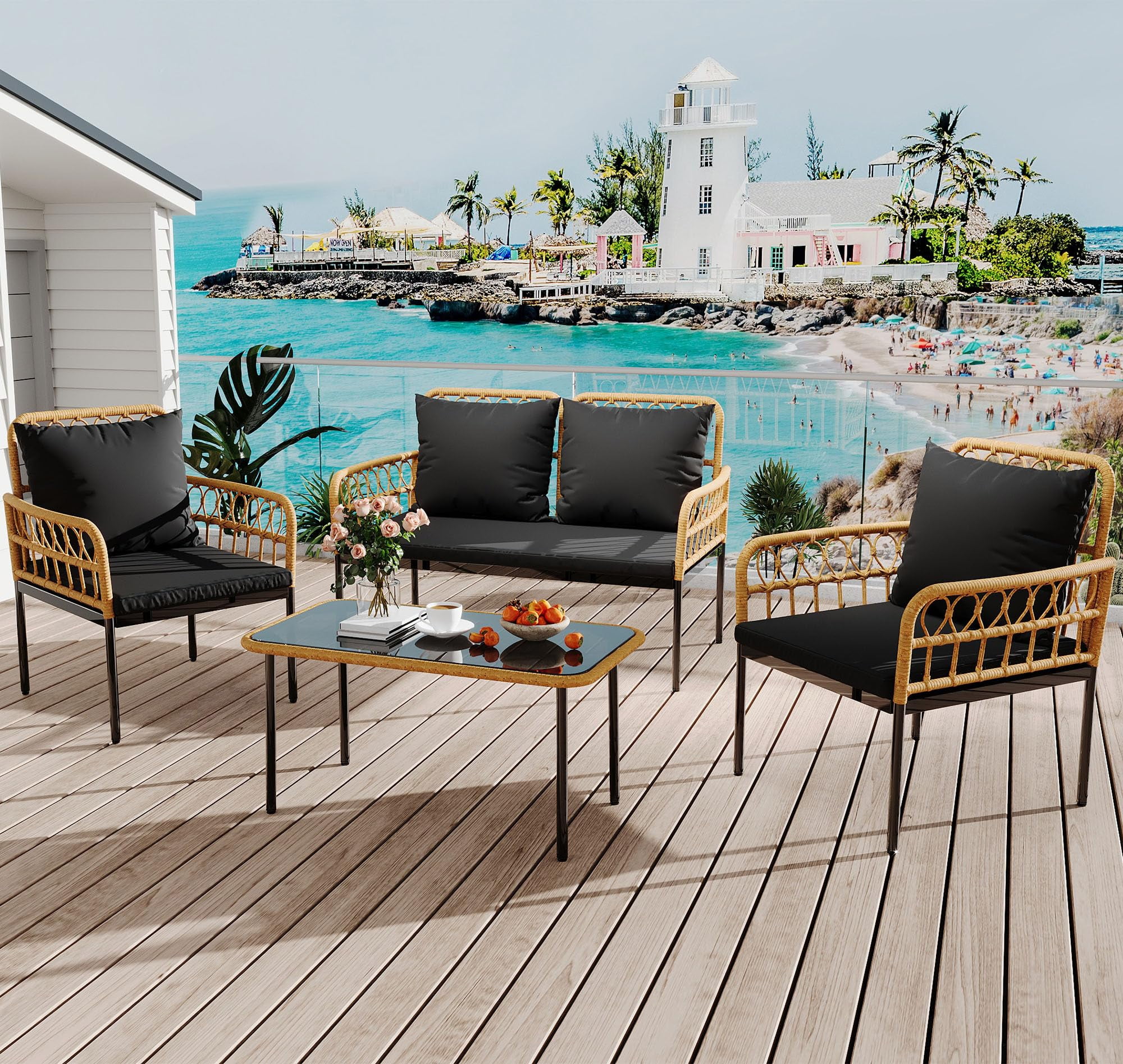 4 Pieces Patio Furniture Sets Wicker Outdoor Patio Table and Chairs Set ...