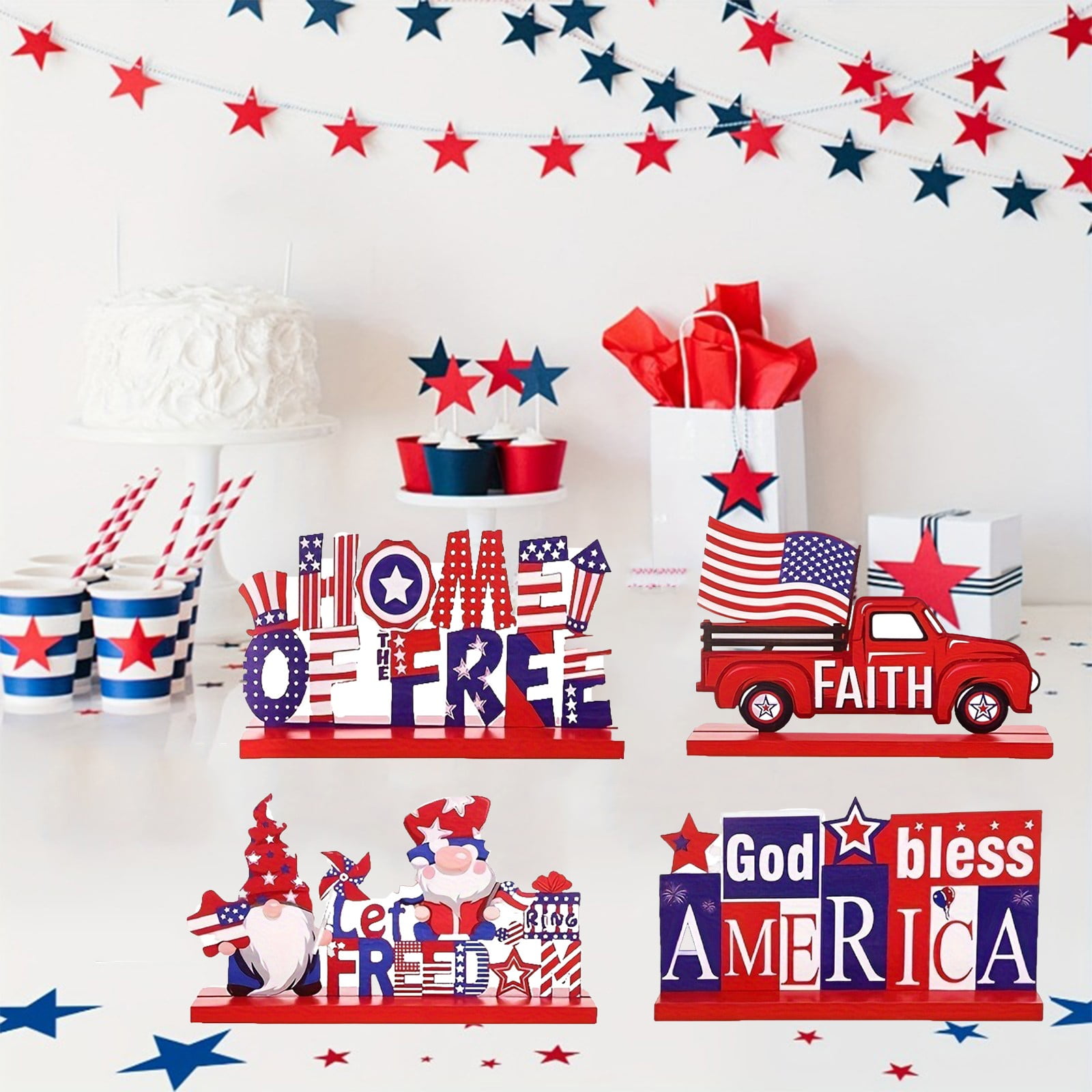 4 Pieces Patriotic Table Decoration 4th of July Wooden Table Centerpiece, Independence Day Wood ...