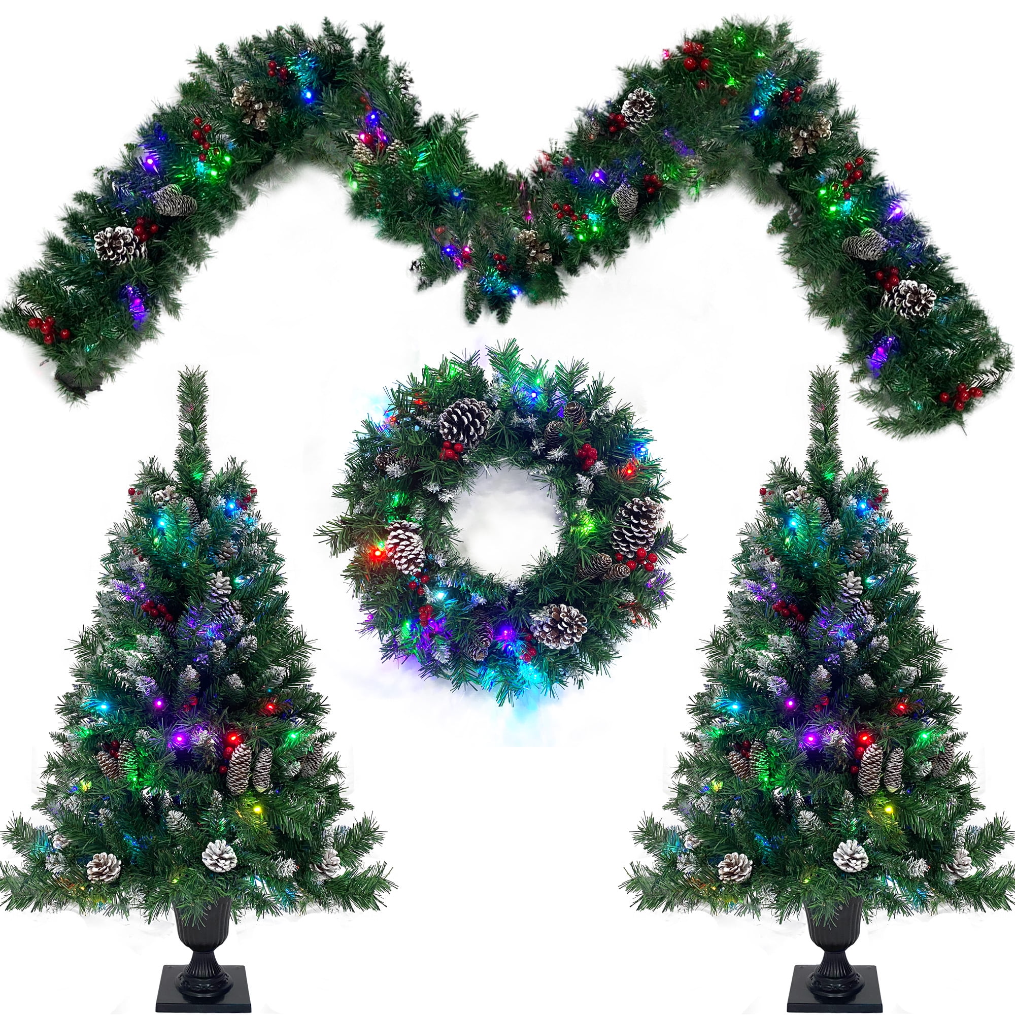 4 Pieces Pre-lit Christmas Tree Set, Garland + Wreath + Set of 2 ...