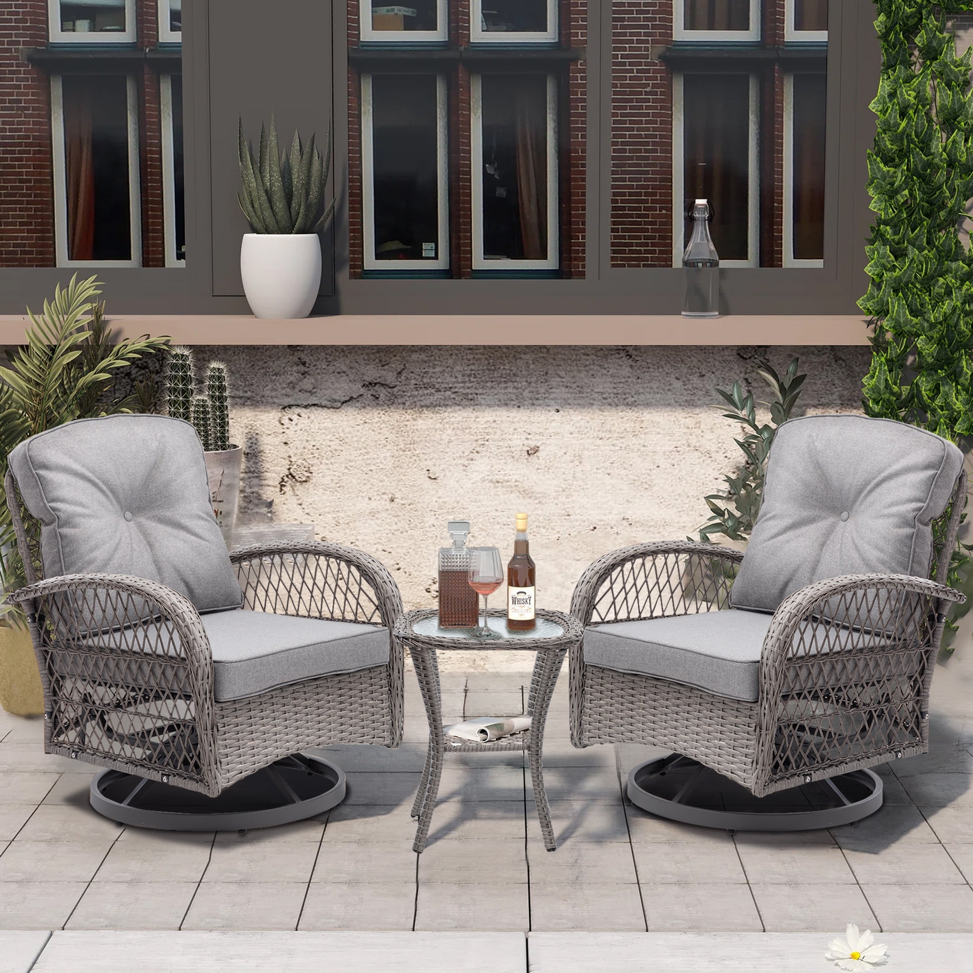Balcony Furniture Set of 2, Outdoor Swivel Gliders Rocker Cushioned, 3 ...