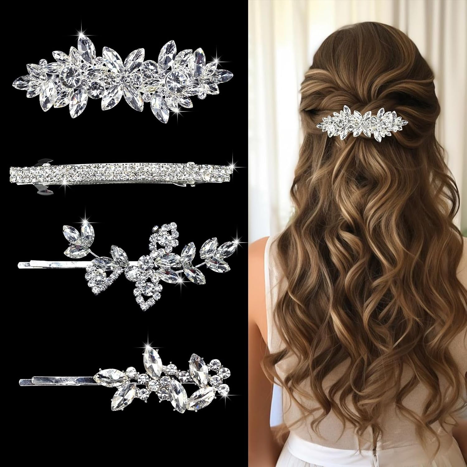4 Pieces Rhinestone Hair Clips Leaf Wedding Hair Pins Crystal Bobby ...
