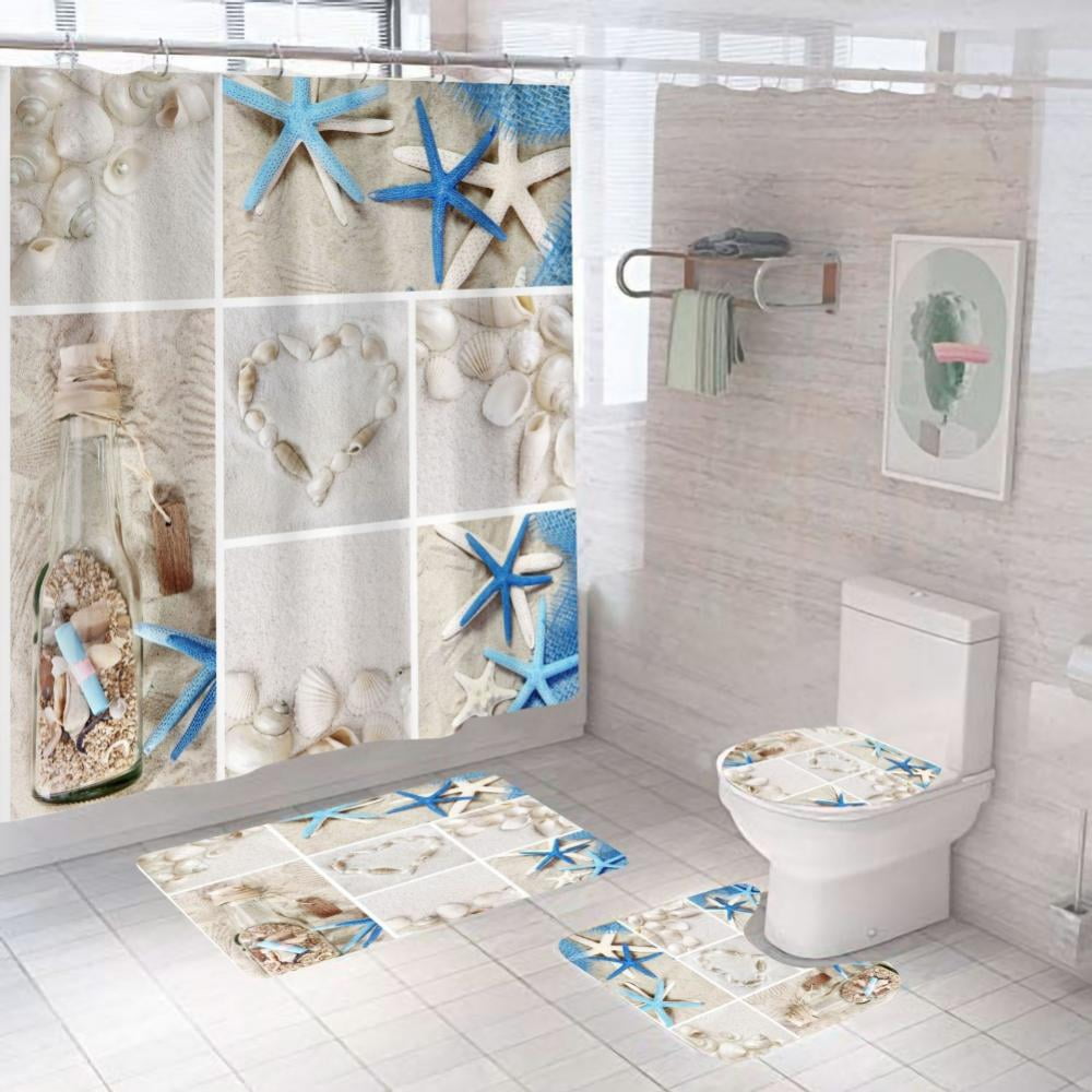 4 Pieces Shower Curtain Sets, Summer Seashells Sand Beach with Non-Slip ...