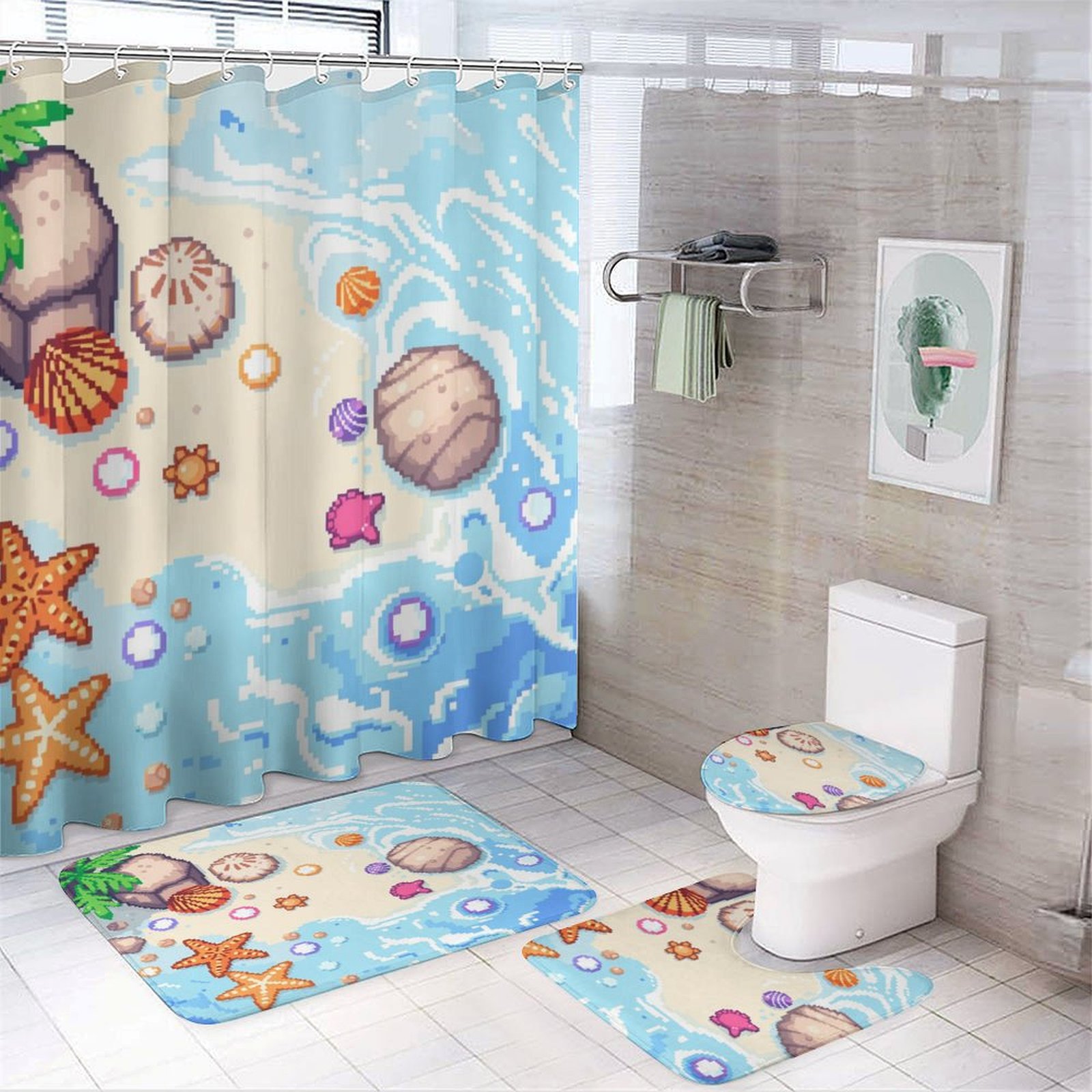 4 Pieces Shower Curtain Suit Beach Starfishnon-slip Shower Blanket ...
