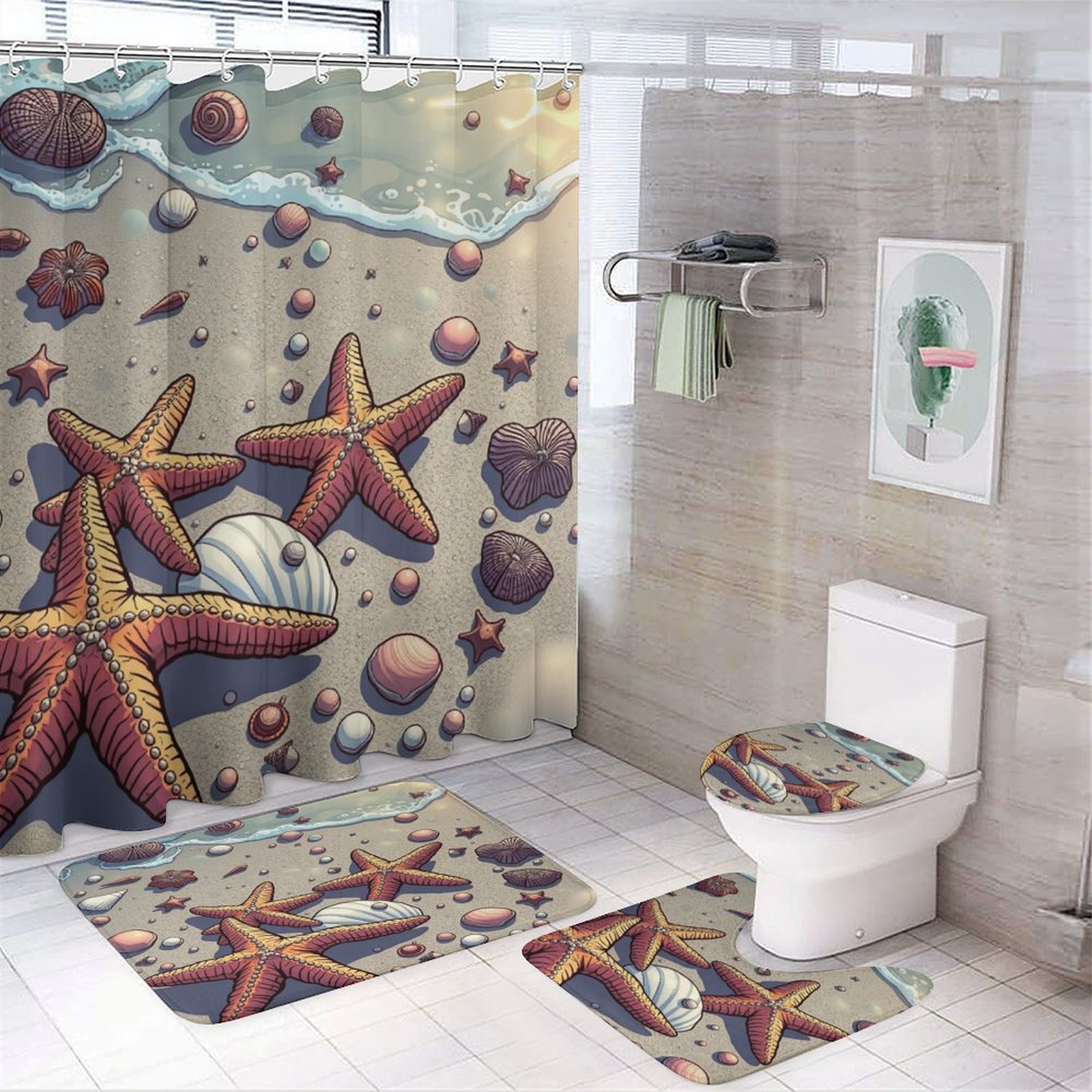 4 Pieces Shower Curtain Suit Beach Starfishnon-slip Shower Blanket ...
