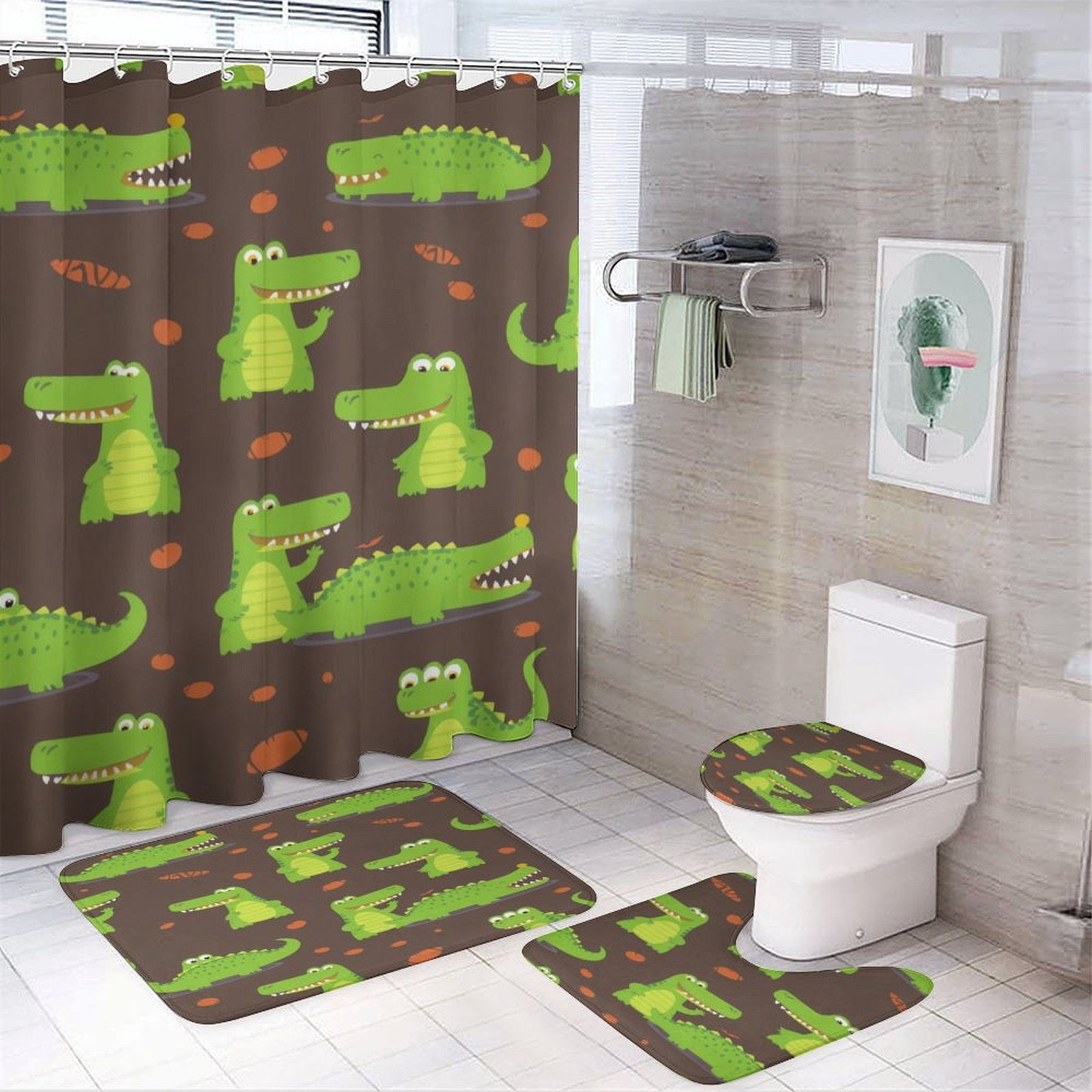 4 Pieces Shower Curtain Suit Cute Crocodile Patternnon-slip Shower ...