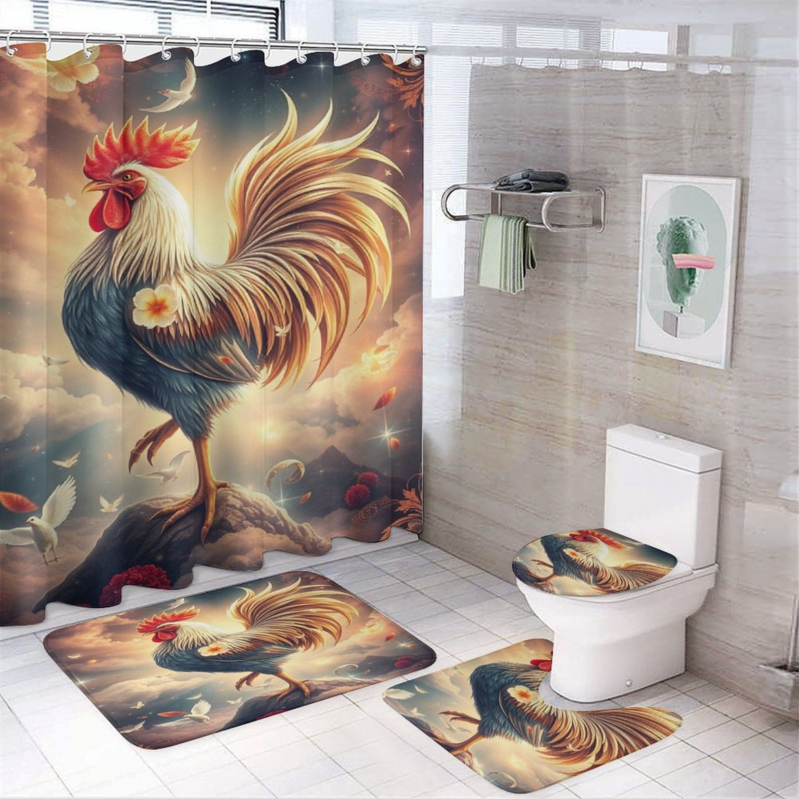 4 Pieces Shower Curtain Suit Farm Retro Male Roosternon-slip Shower ...