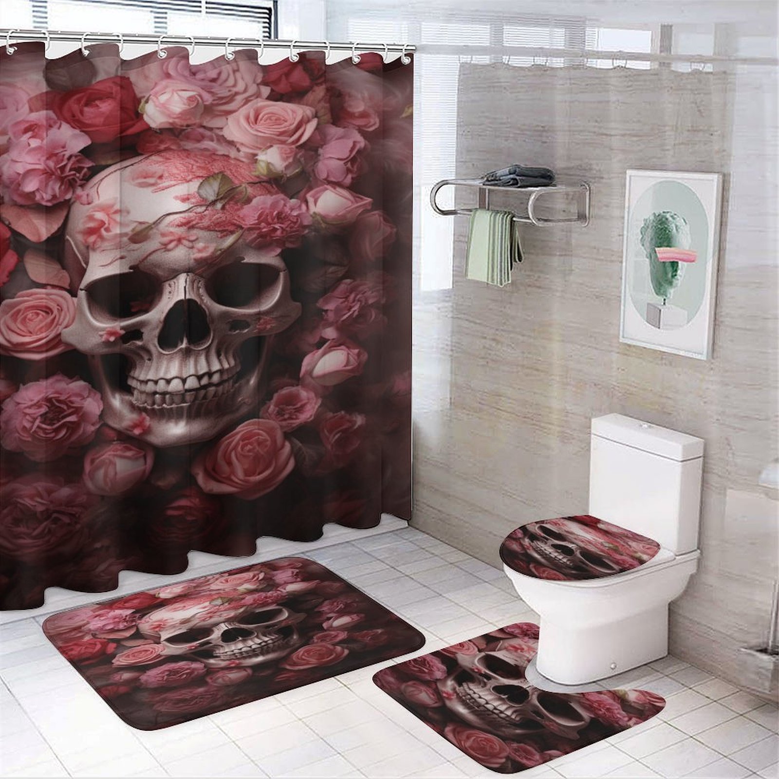 4 Pieces Shower Curtain Suit Flower Cluster Skullnon-slip Shower ...