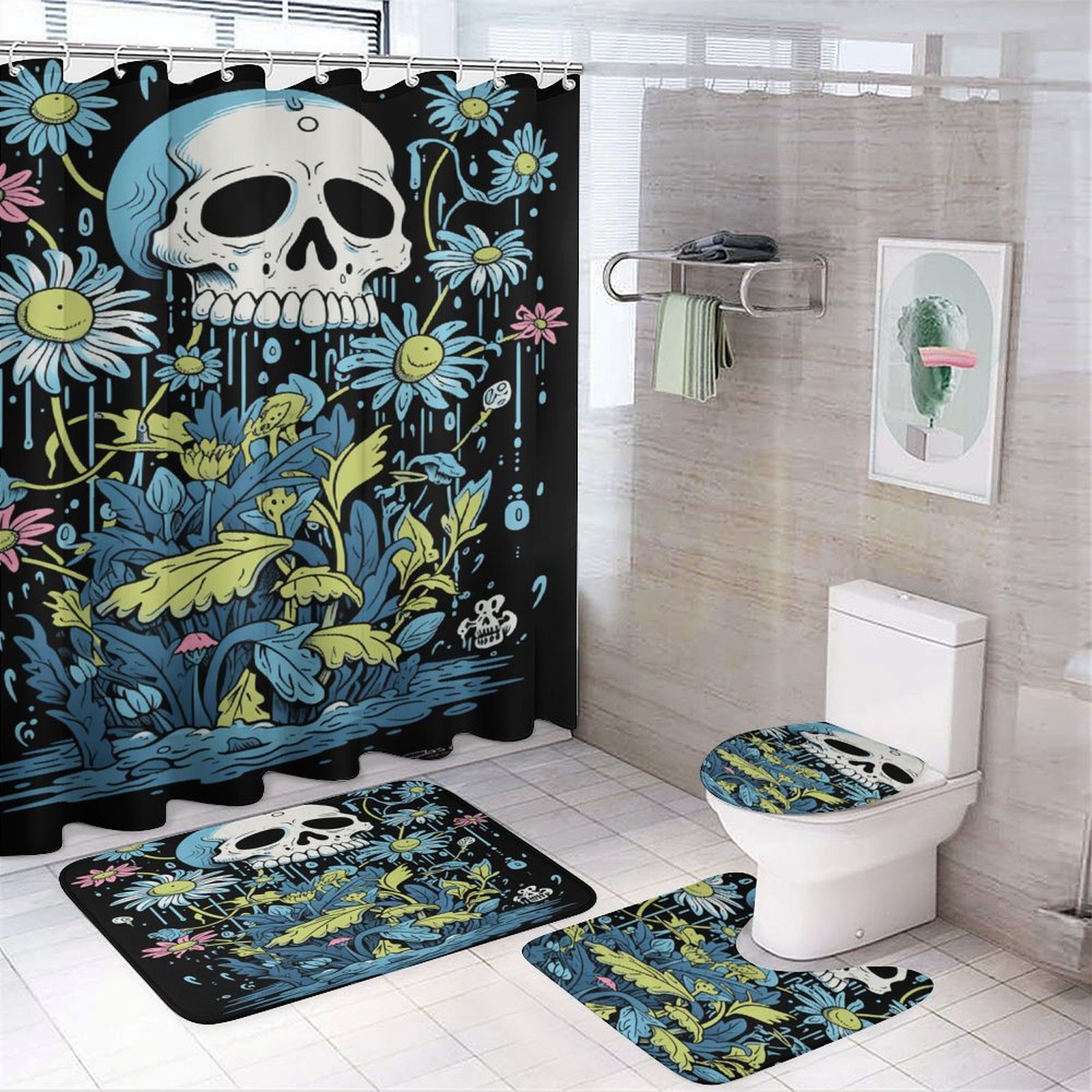 4 Pieces Shower Curtain Suit Flower Cluster Skullnon-slip Shower ...