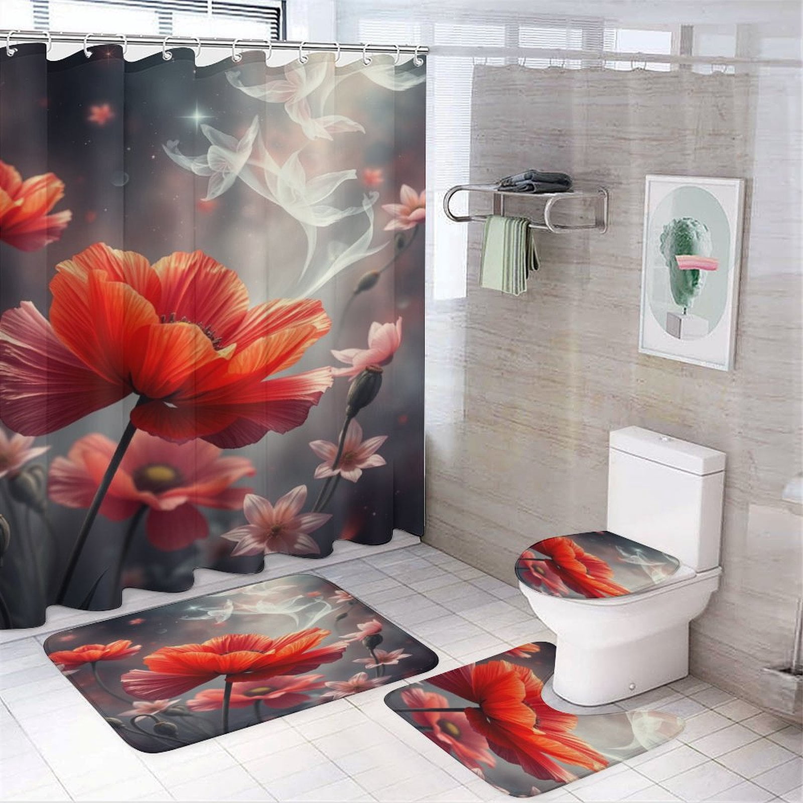 4 Pieces Shower Curtain Suit Flower Red Poppy White Dirtynon-slip ...