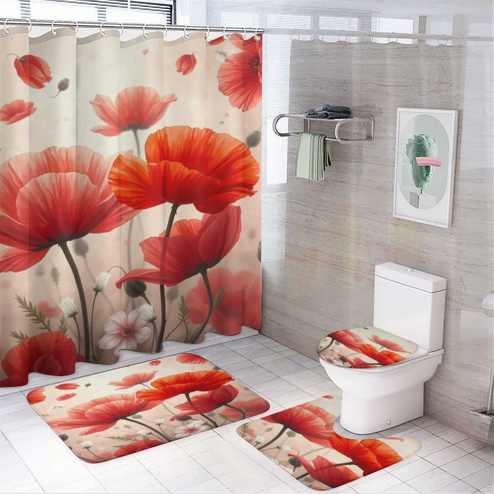 4 Pieces Shower Curtain Suit Flower Red Poppy White Dirtynon-slip ...