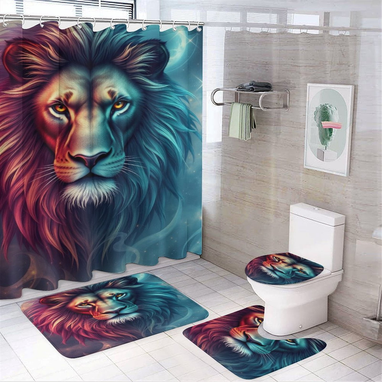 4 Pieces Shower Curtain Suit Majestic Colorful Lionnon-slip Shower ...
