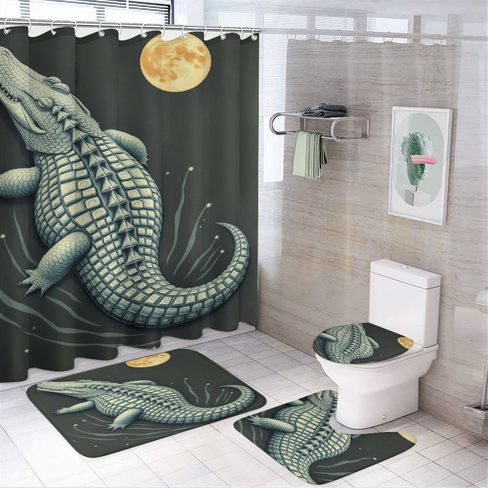 4 Pieces Shower Curtain Suit Moonlit Crocodile Dreamsnon-slip Shower ...
