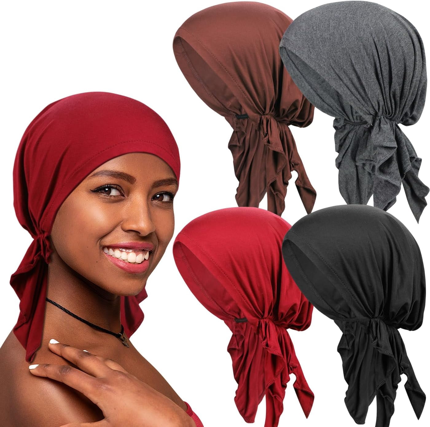 4 Pieces Soft Cotton Chemo Headwear for Women, Stretch Pre-Tied Chemo ...