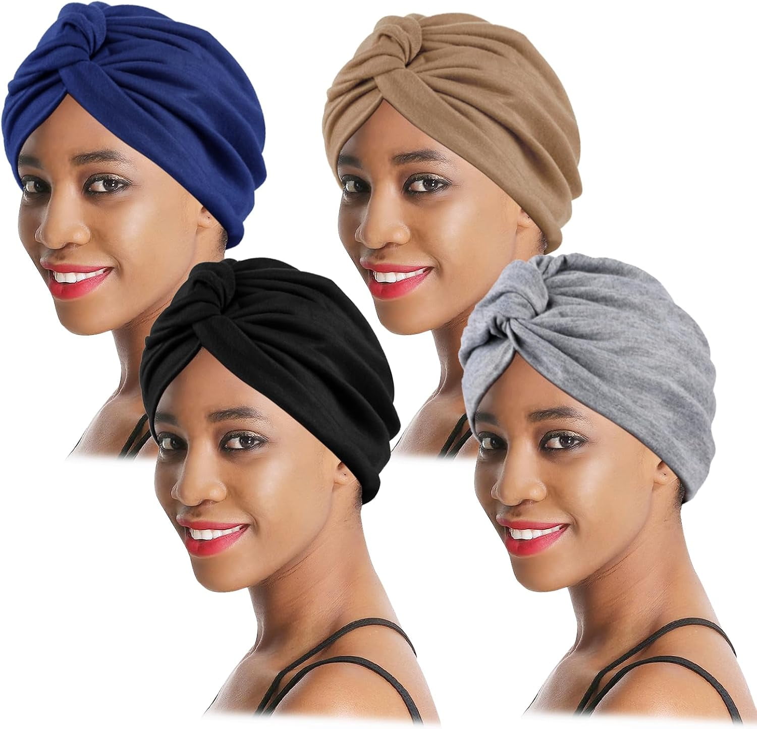 4 Pieces Turbans for Women, Soft Pre Tied Knot Turban Head Wraps Chemo ...