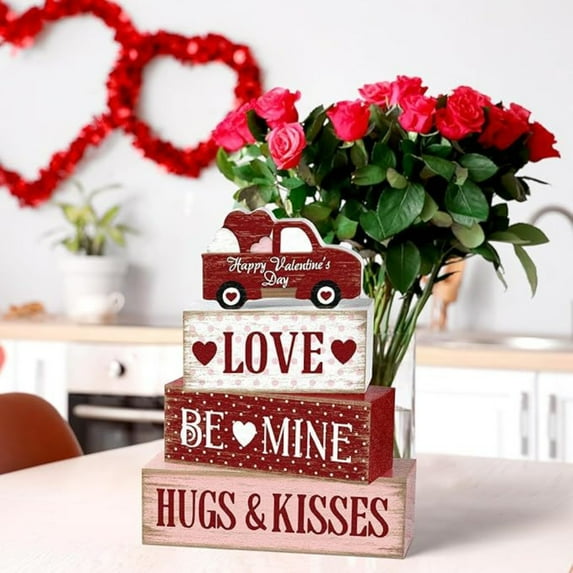 4 Pieces Valentines Day Table Sign Decoration Rustic Truck HUG＆KISSES ...