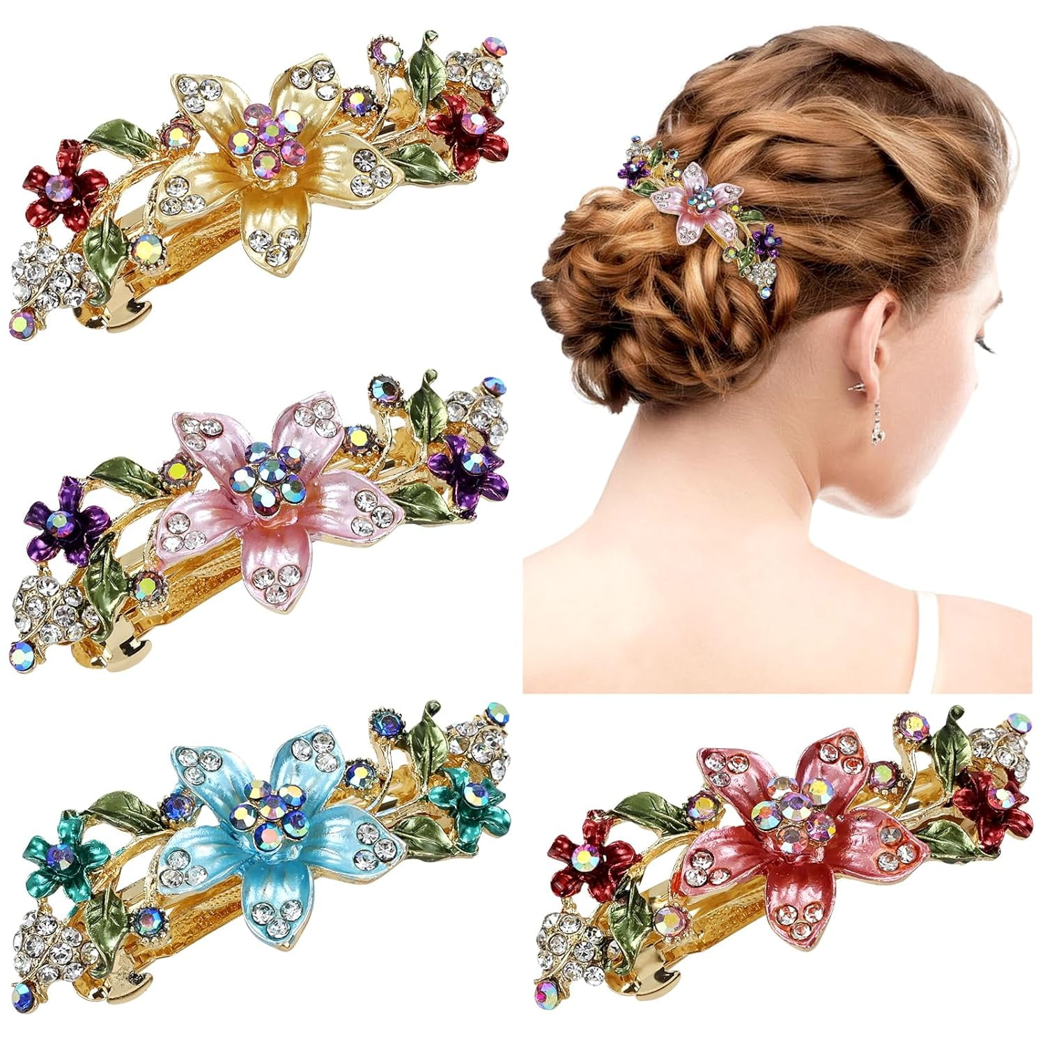 4 Pieces Vintage Gold Metal Sparkly Rhinestone Flower French Hair ...
