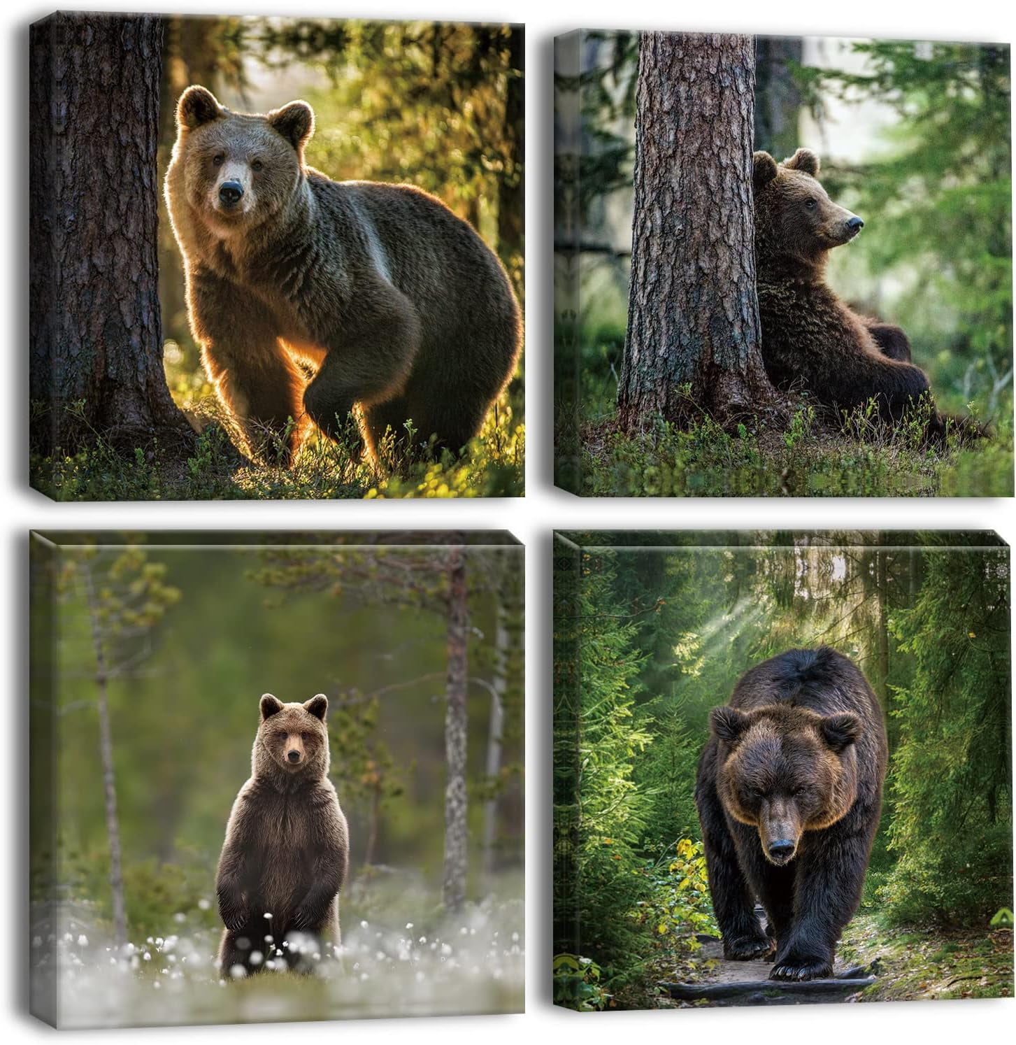 4 Pieces Wall Art Canvas Prints - Forest and Bear Picture Painting ...