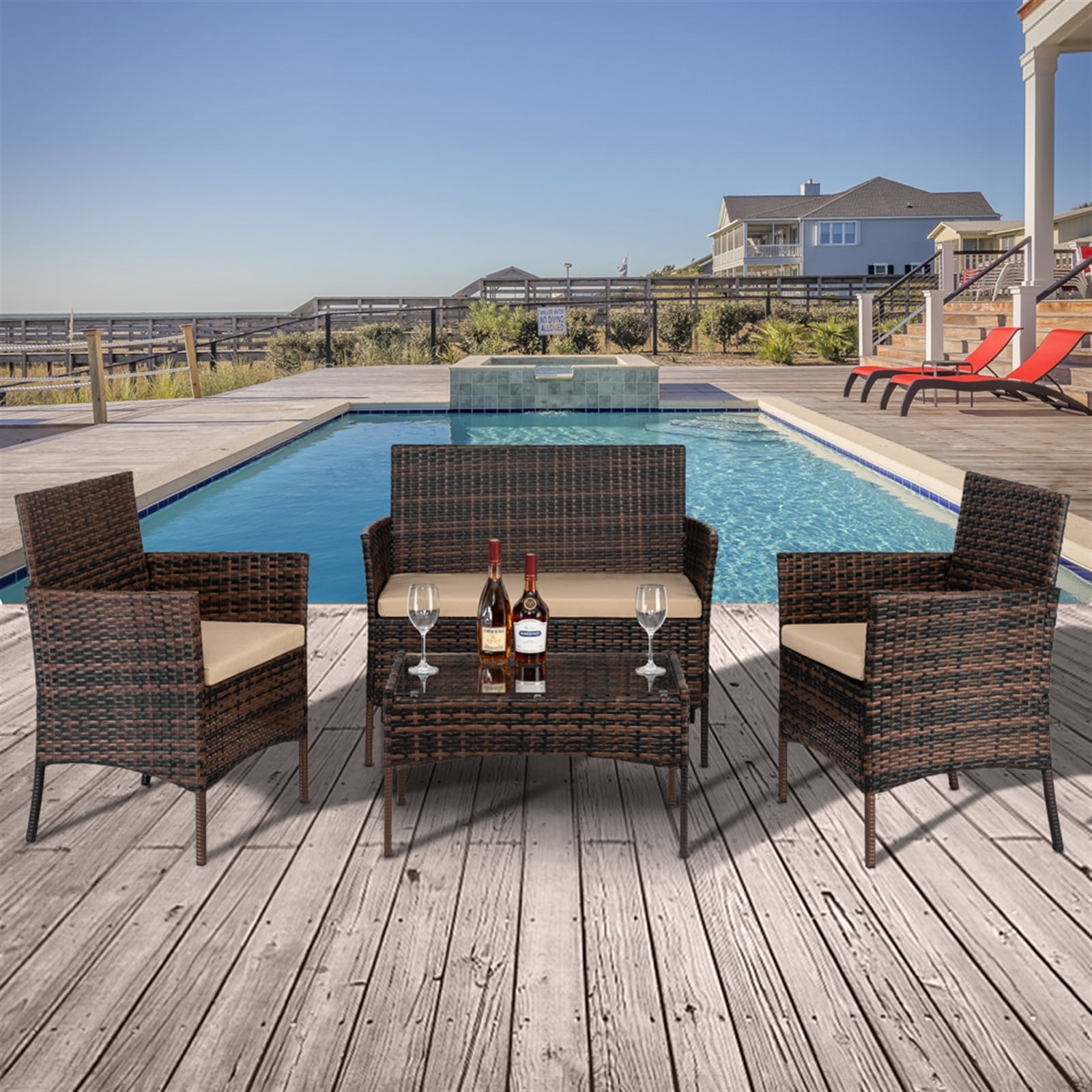 4 Pieces Wicker Patio Furniture Set, PE Rattan Outdoor Furniture Set ...